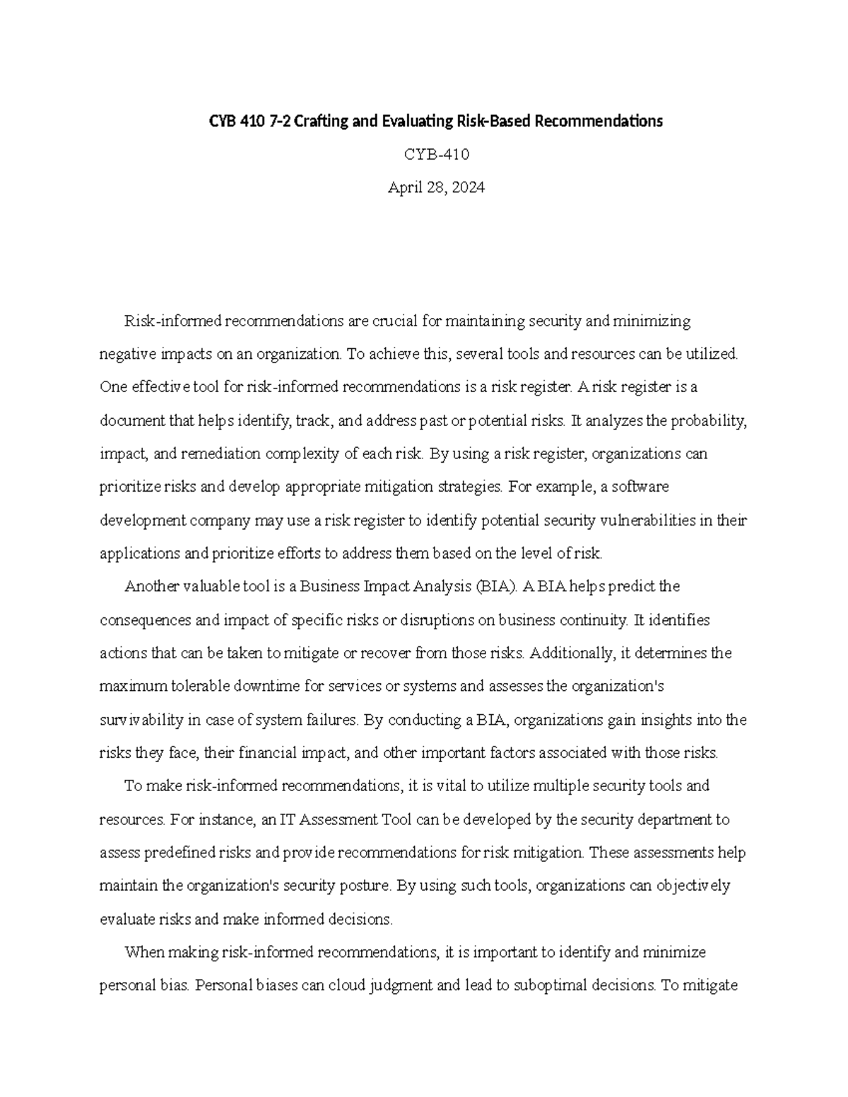 CYB 410 7-2 - module 7 - CYB 410 7-2 Crafting and Evaluating Risk-Based ...