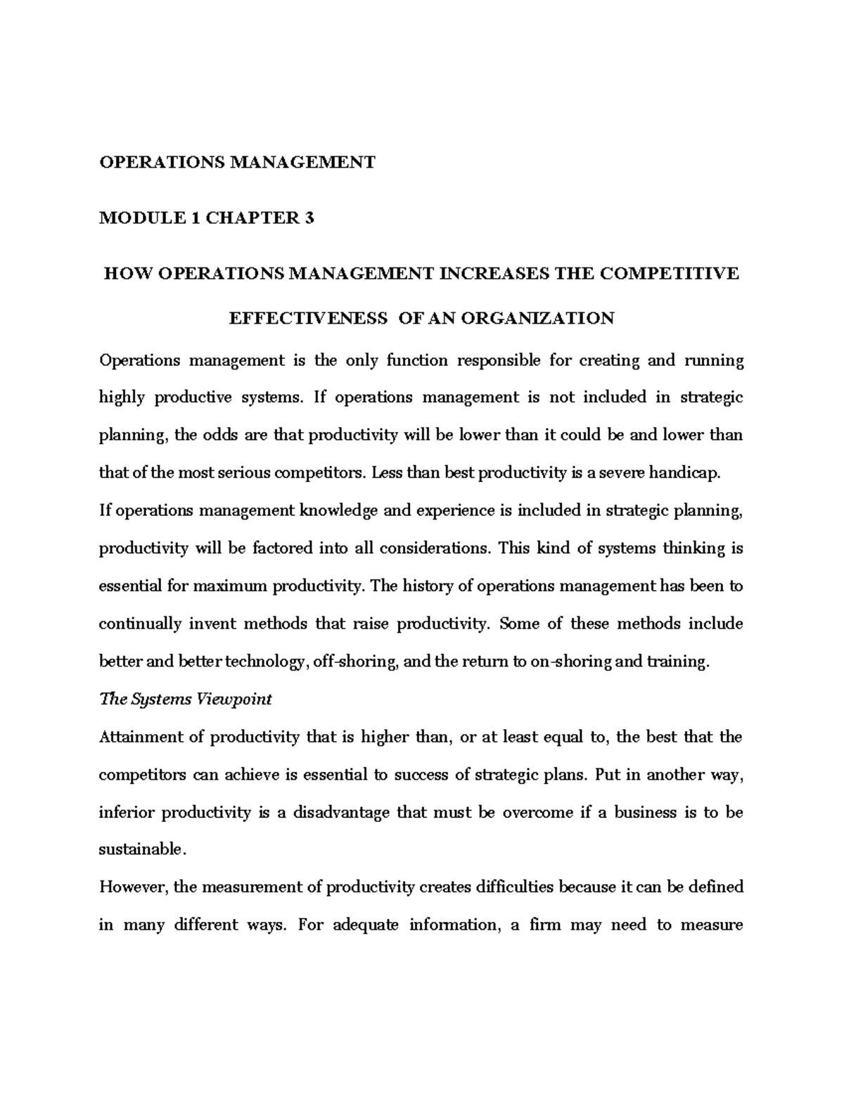 Operations Management M1C3 - OPERATIONS MANAGEMENT MODULE 1 CHAPTER 3 ...