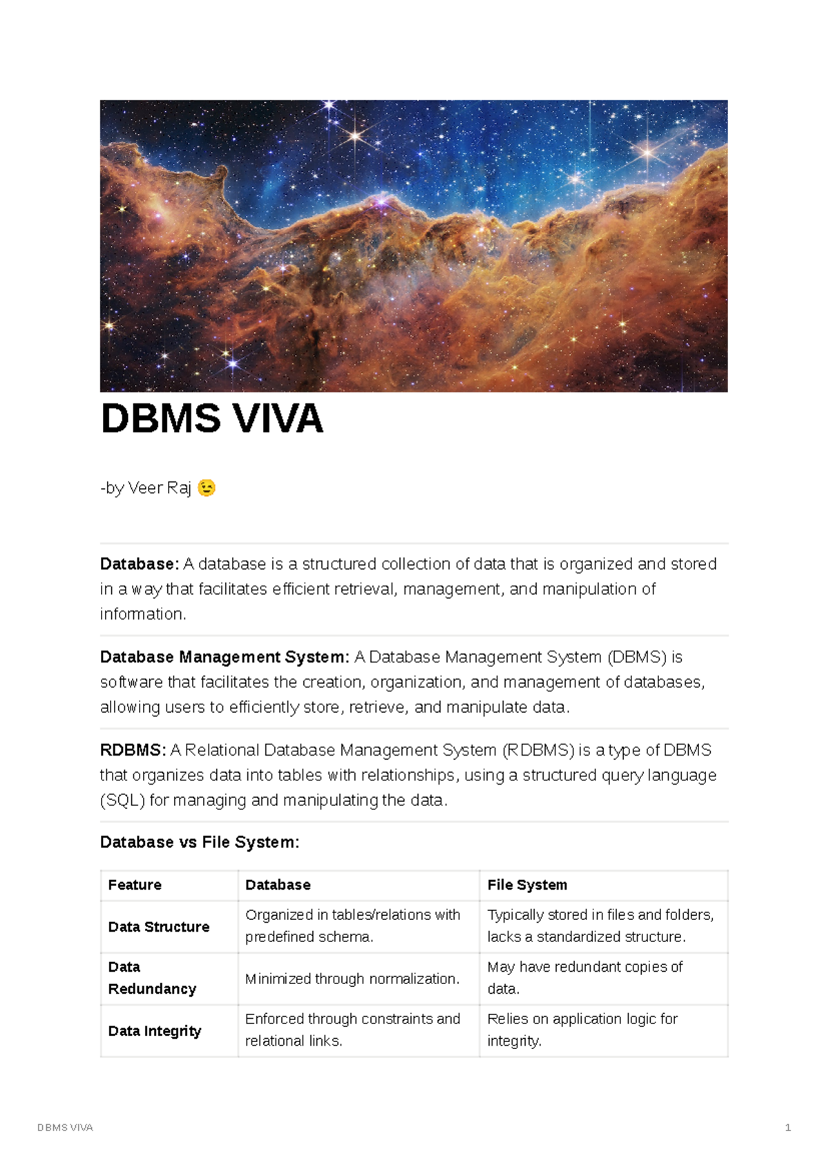 DBMS-VIVA - DBMS VIVA -by Veer Raj 😉 Database: A database is a structured collection of data ...