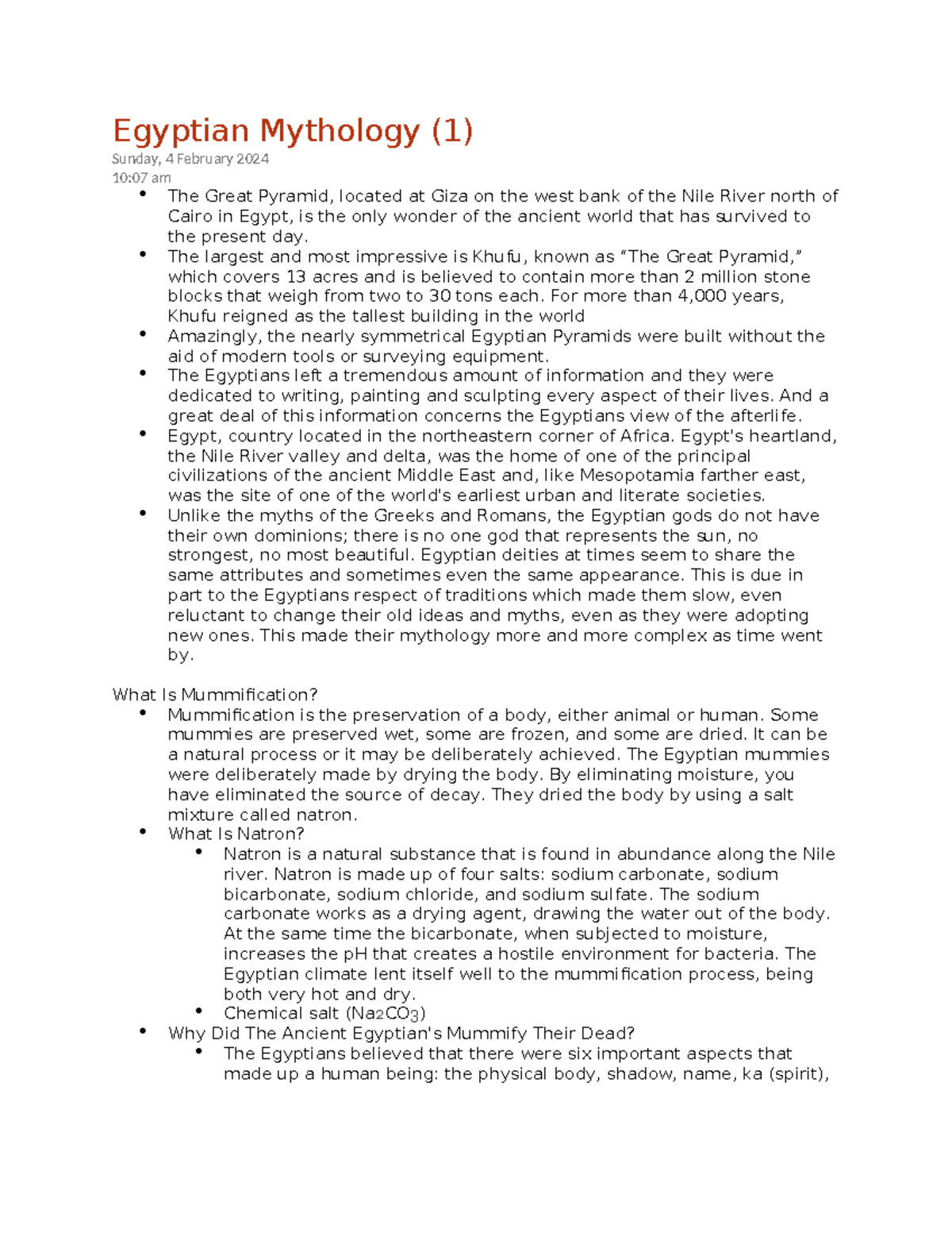 Midterm - short notes - Egyptian Mythology (1) Sunday, 4 February 2024 ...