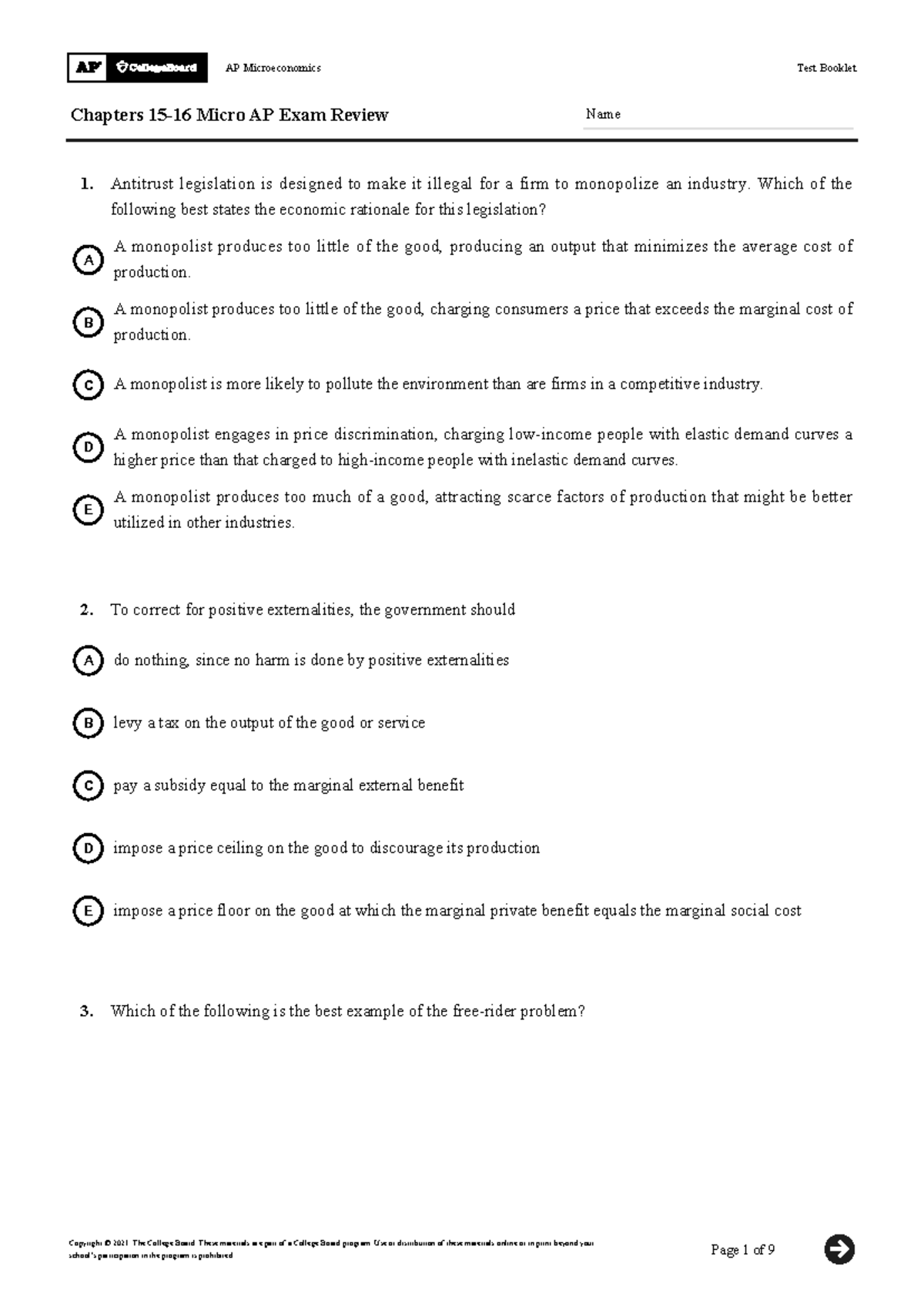 Micro Chap 15-16APExam Review Multiple Choice - Chapters 15-16 Micro AP ...