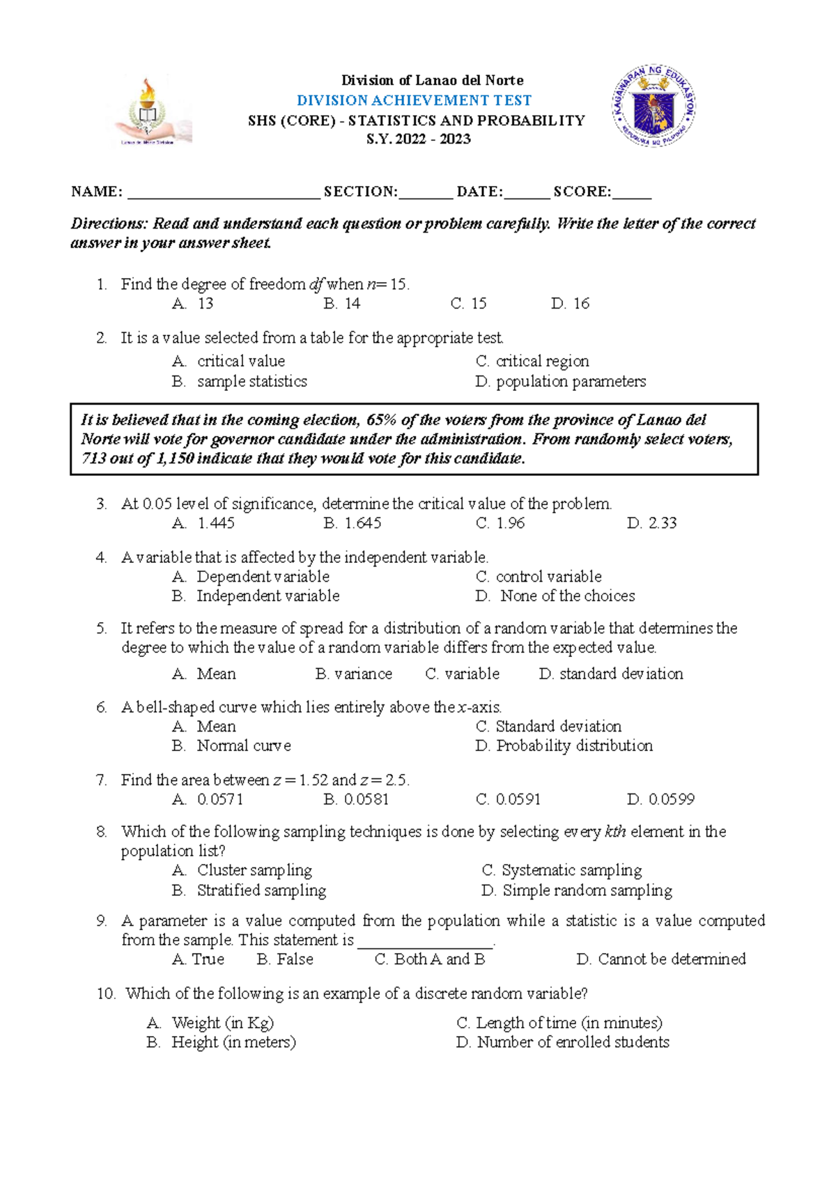 Math-11-Stat-and-Prob-DAT-1 - Division of Lanao del Norte DIVISION ...