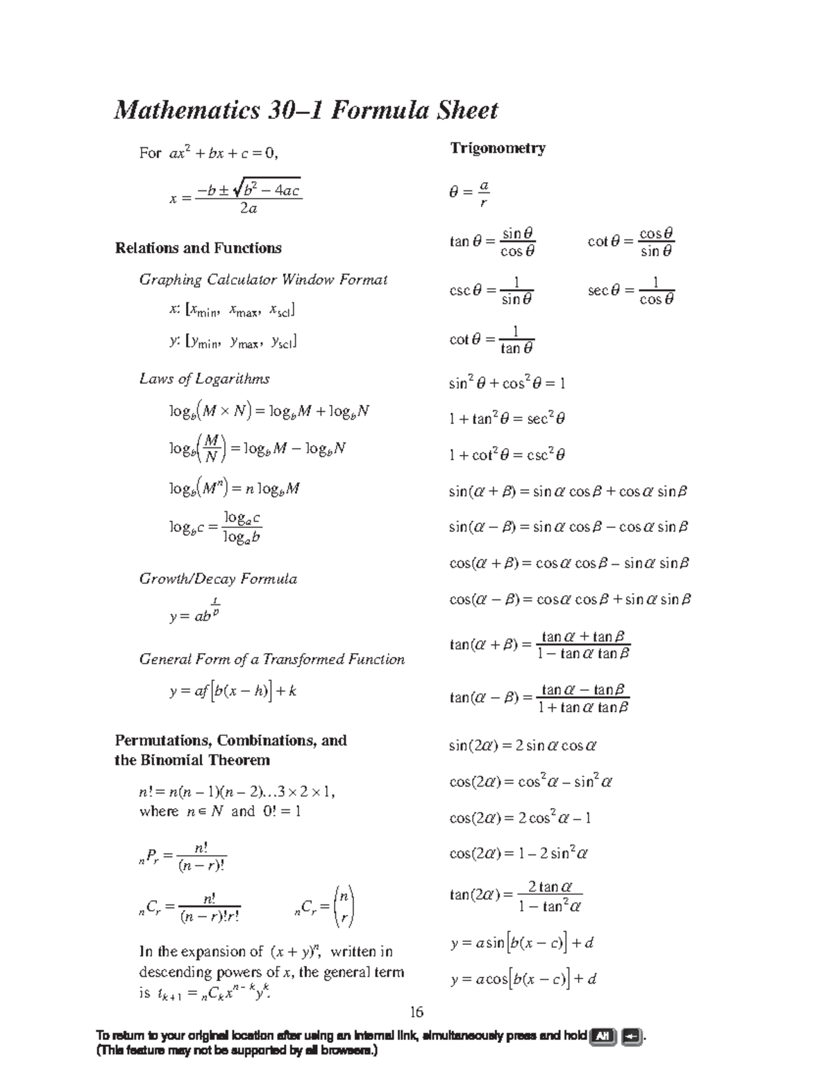 Math 30 1 Diploma Formula Sheet 16 Mathematics 30 1 Formula Sheet For