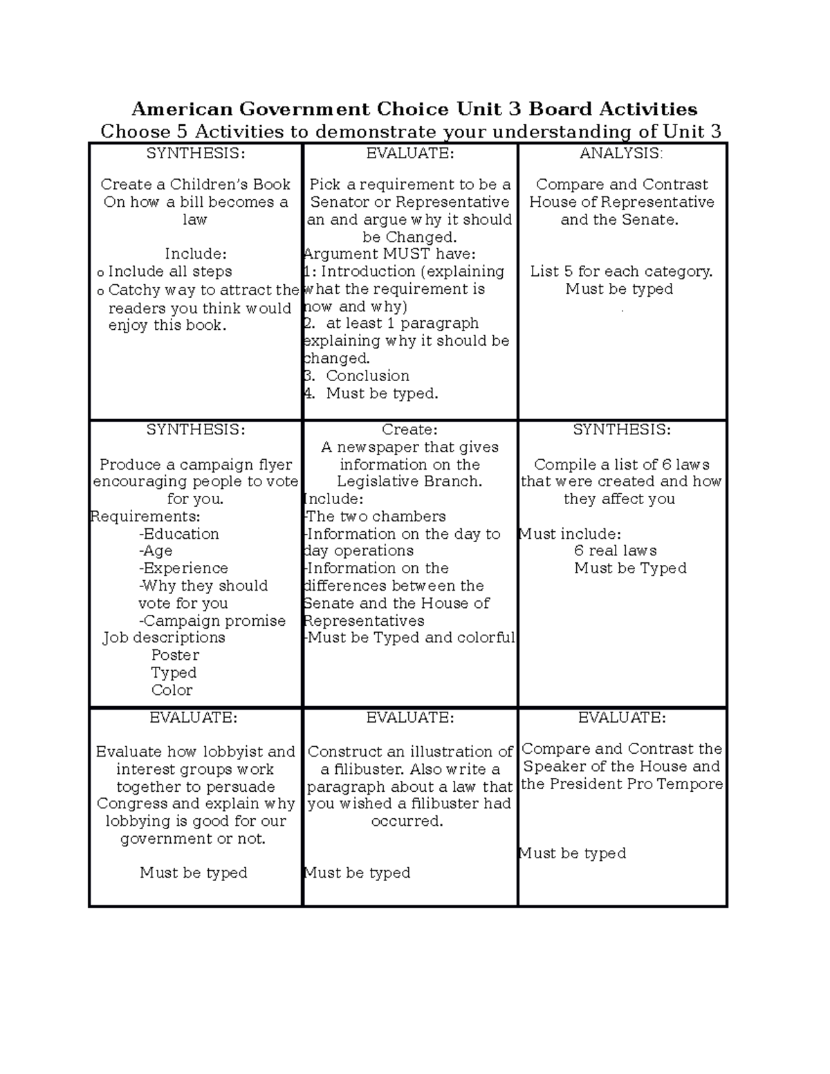 American Gov choice board Unit 3 Assignment - American Government ...