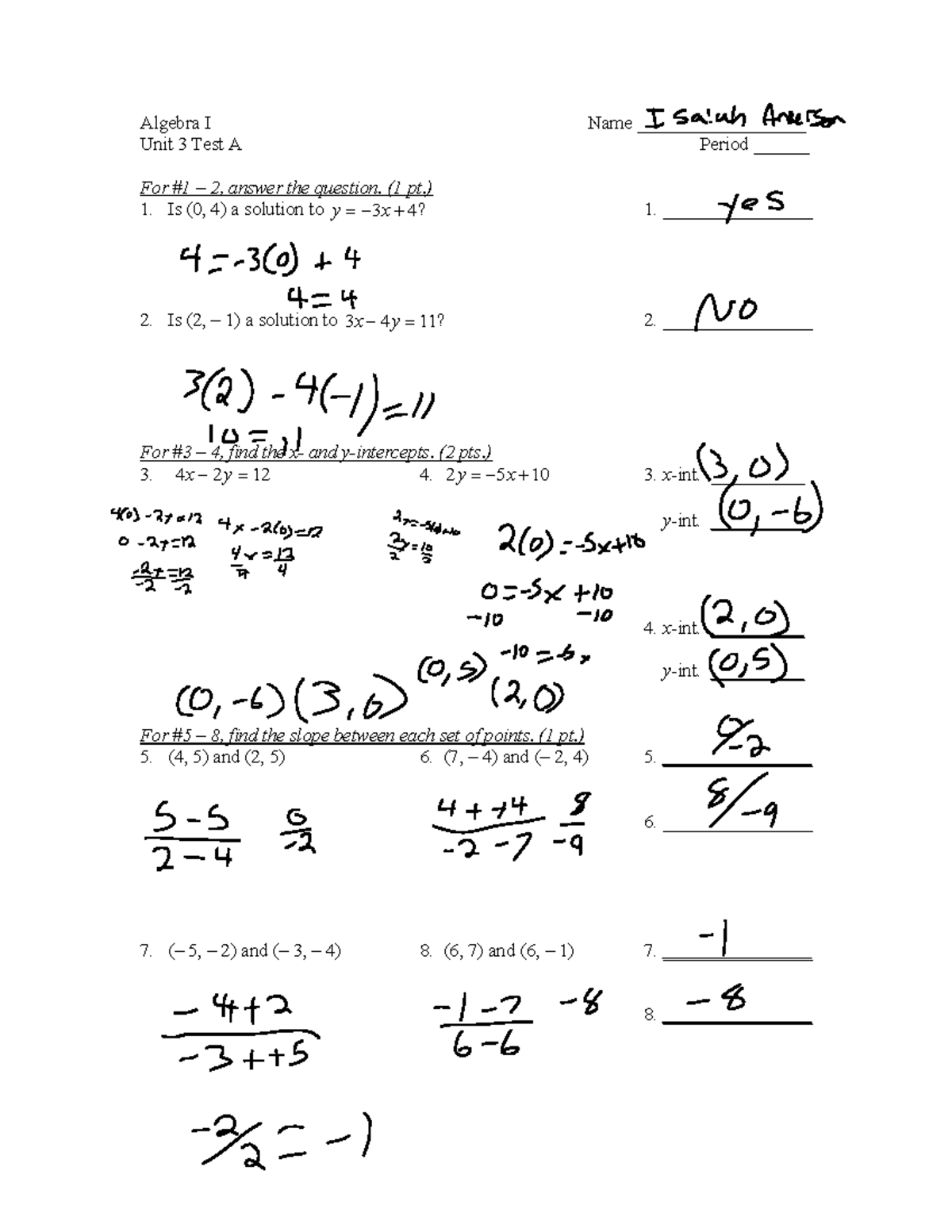 Algebra I-Unit 3 Test (A) - Algebra I Name __________________ Unit 3 ...