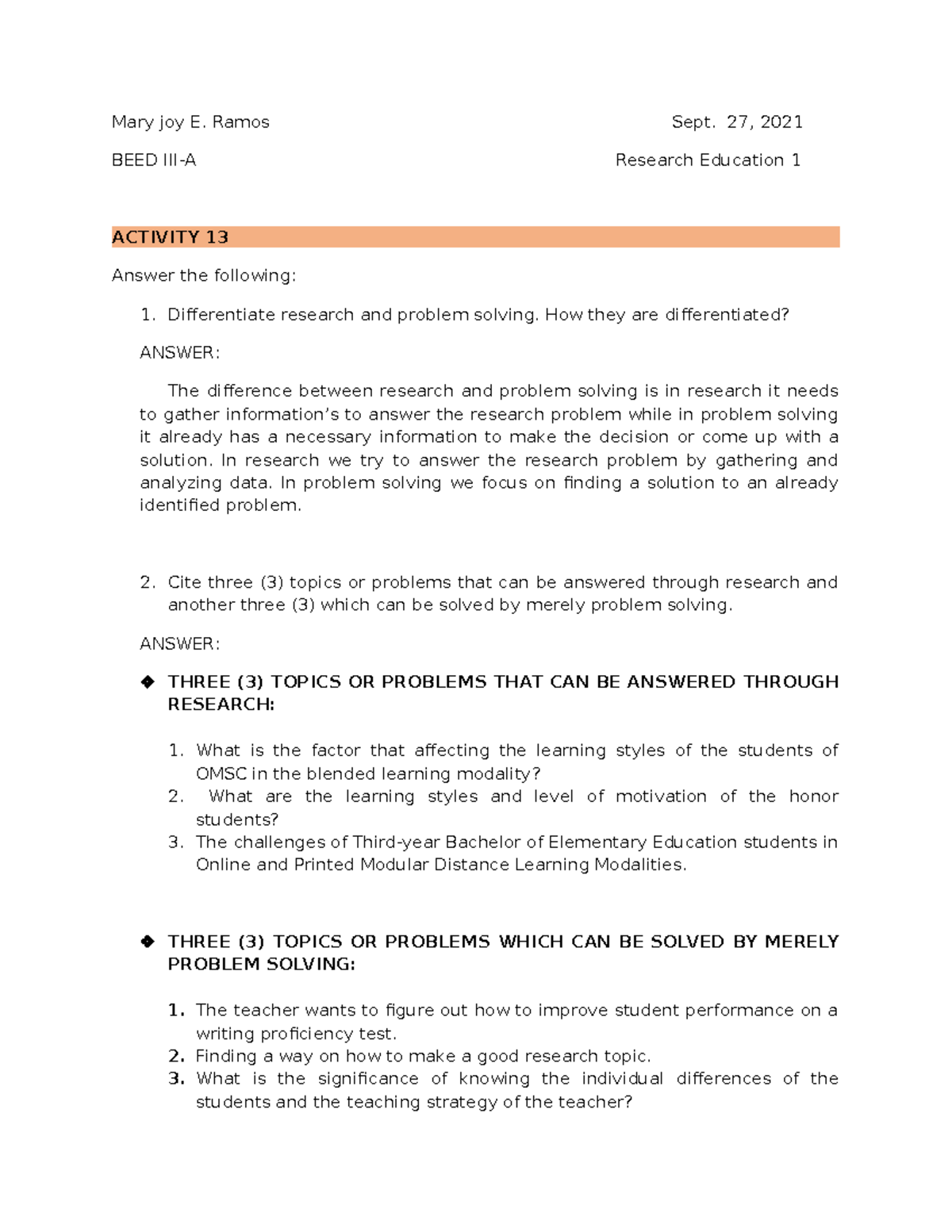Activity 13. Research Education 1 - Mary joy E. Ramos Sept. 27, 2021 ...