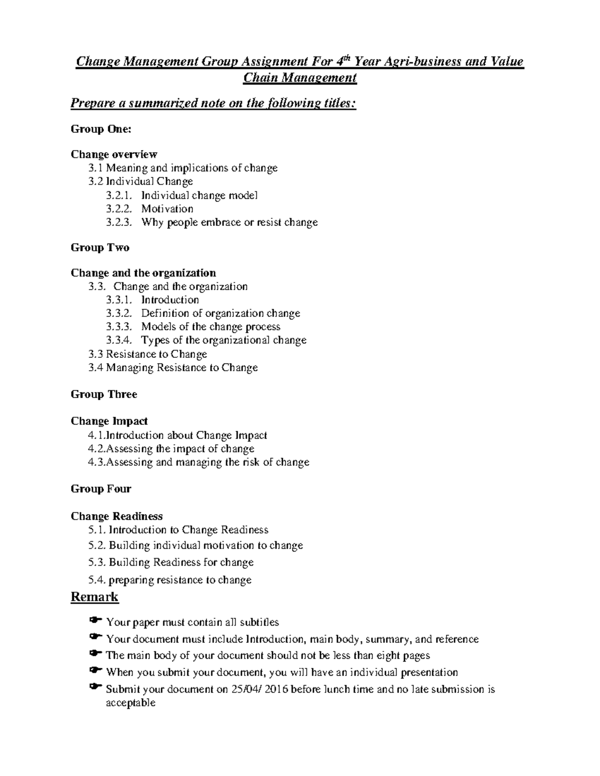 Change Management Group Assignment For 4th Year Agri - Change ...