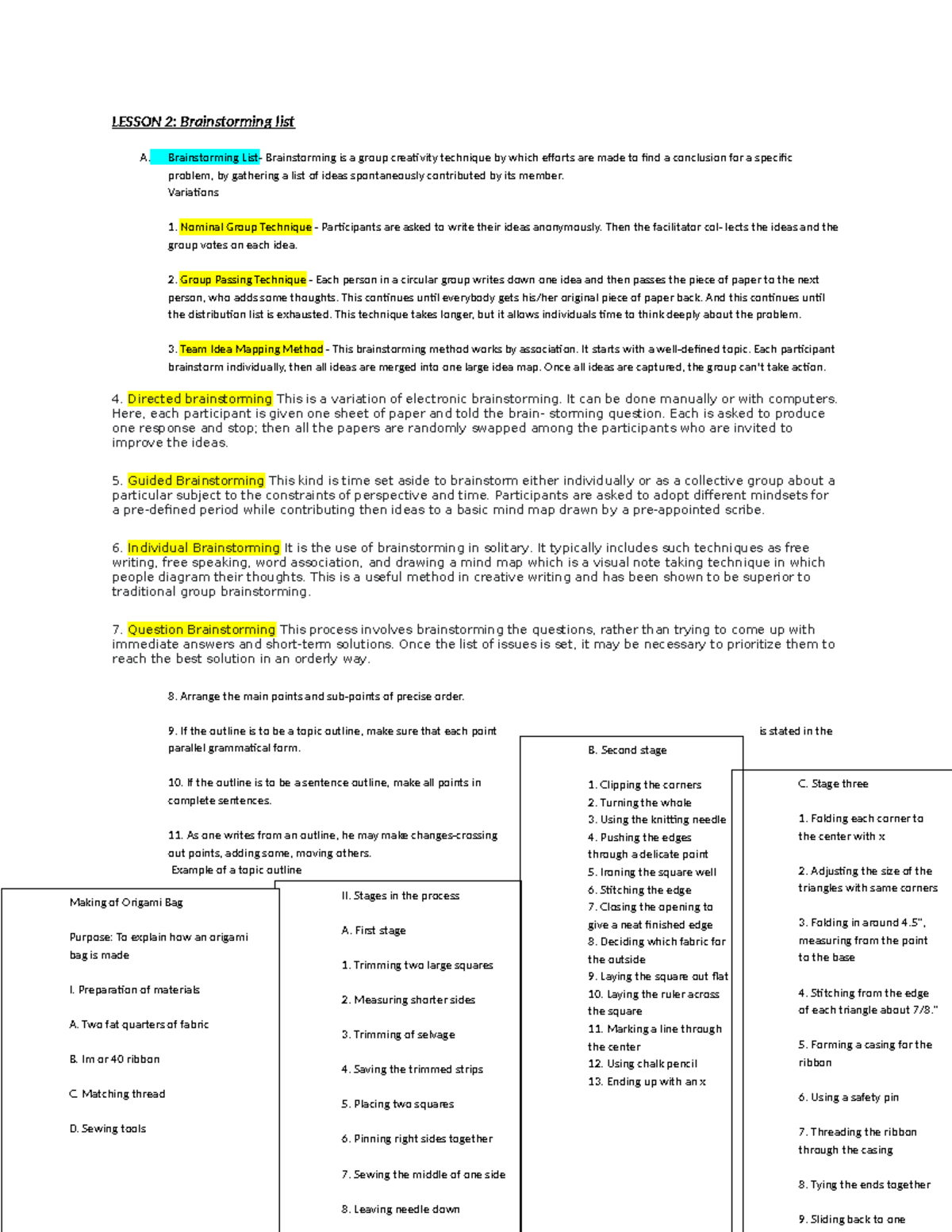 Reading AND Writing - LESSON 2: Brainstorming list A. Brainstorming ...