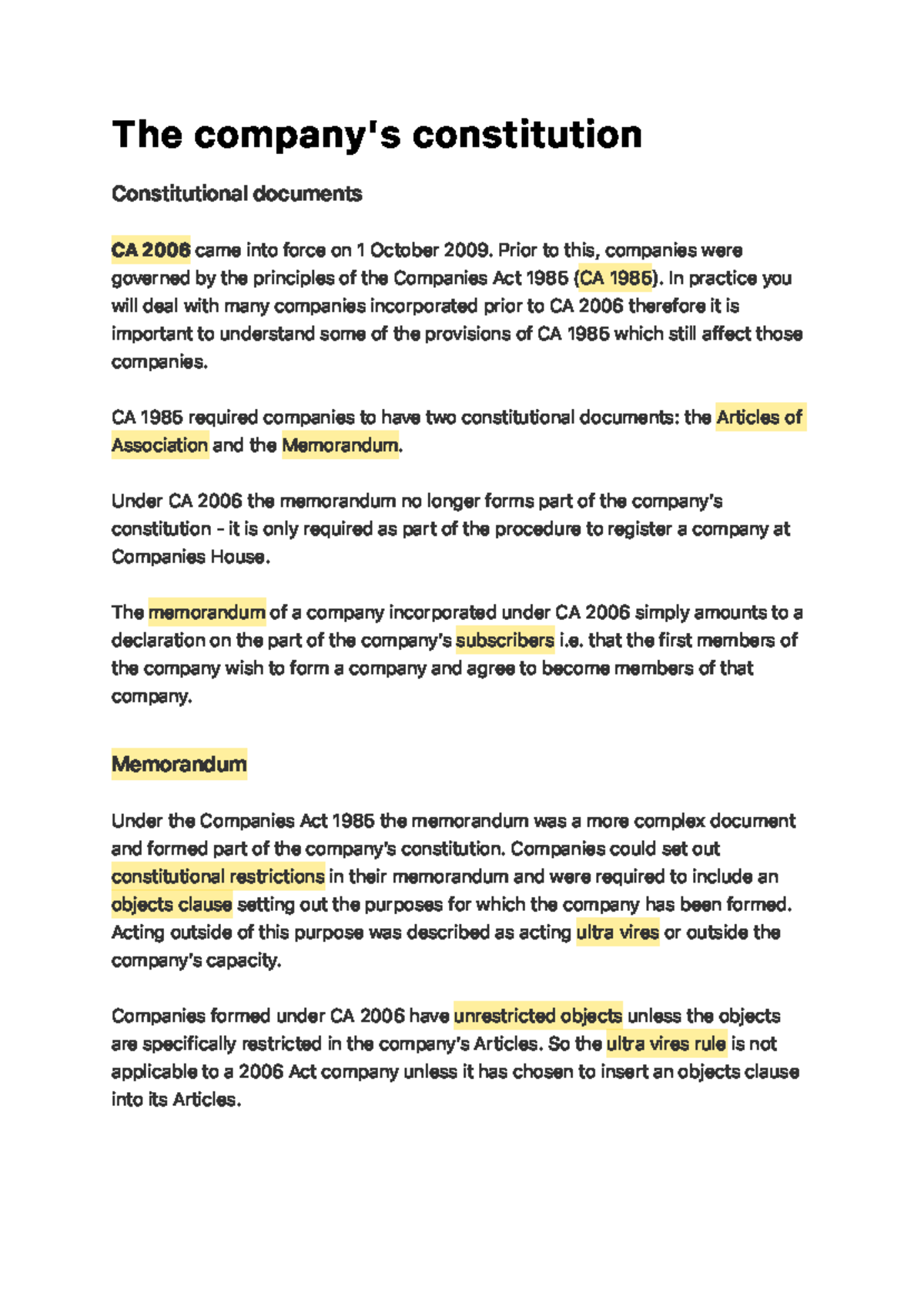 COMPANY LAW WS 1 - The company's constitution (notes) - T h e c o m p a ...