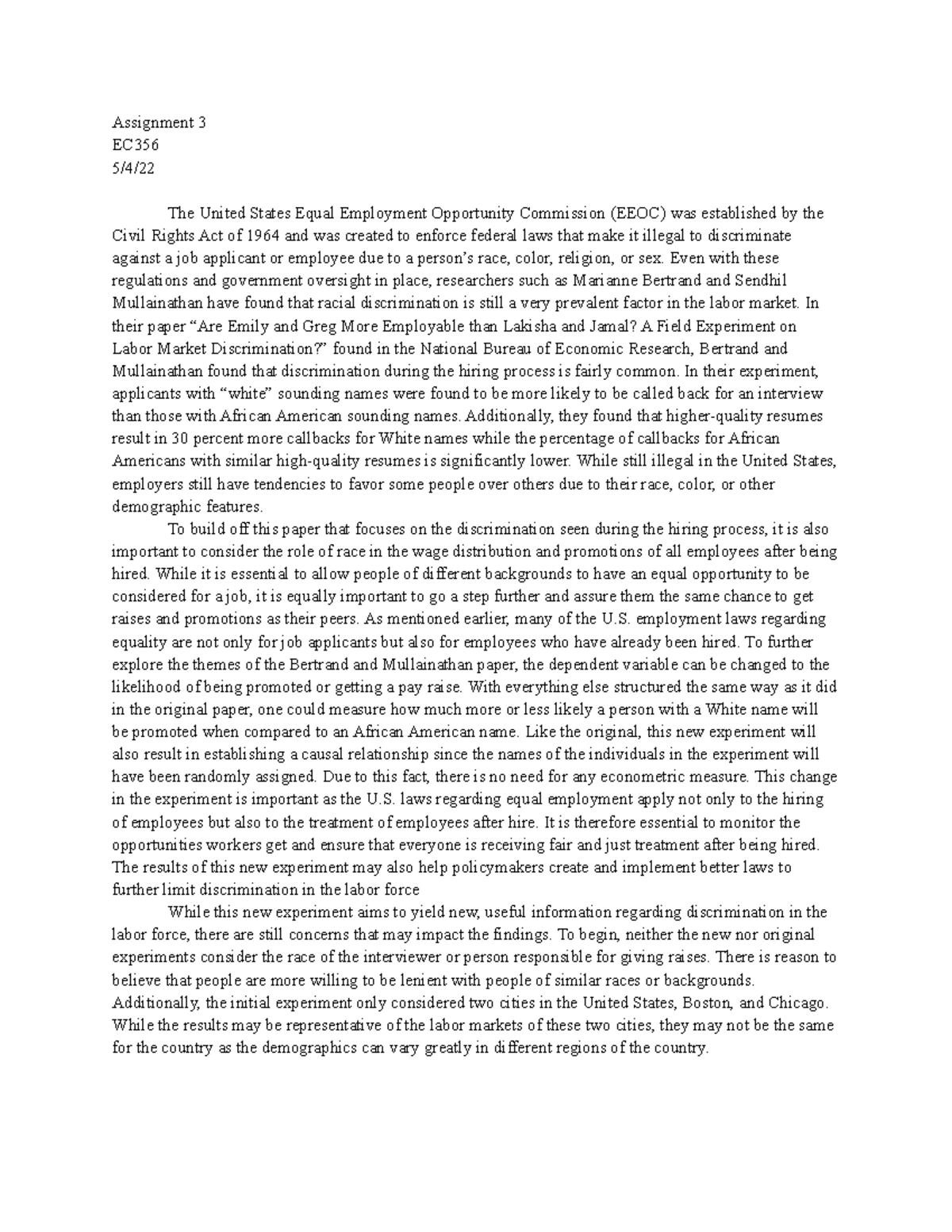 EC356 Assignment 3 - Economic research proposal based on past research ...