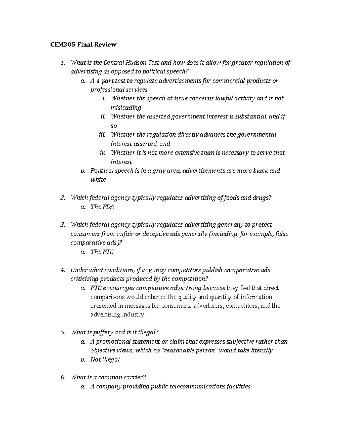 Cem305 final review - CEM305 Final Review What is the Central Hudson ...