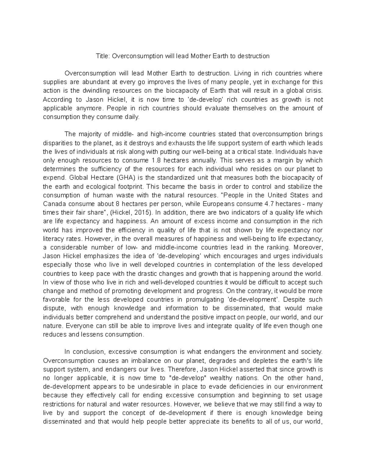 Topic 5-Overconsumption will lead Mother Earth to destruction - Title ...