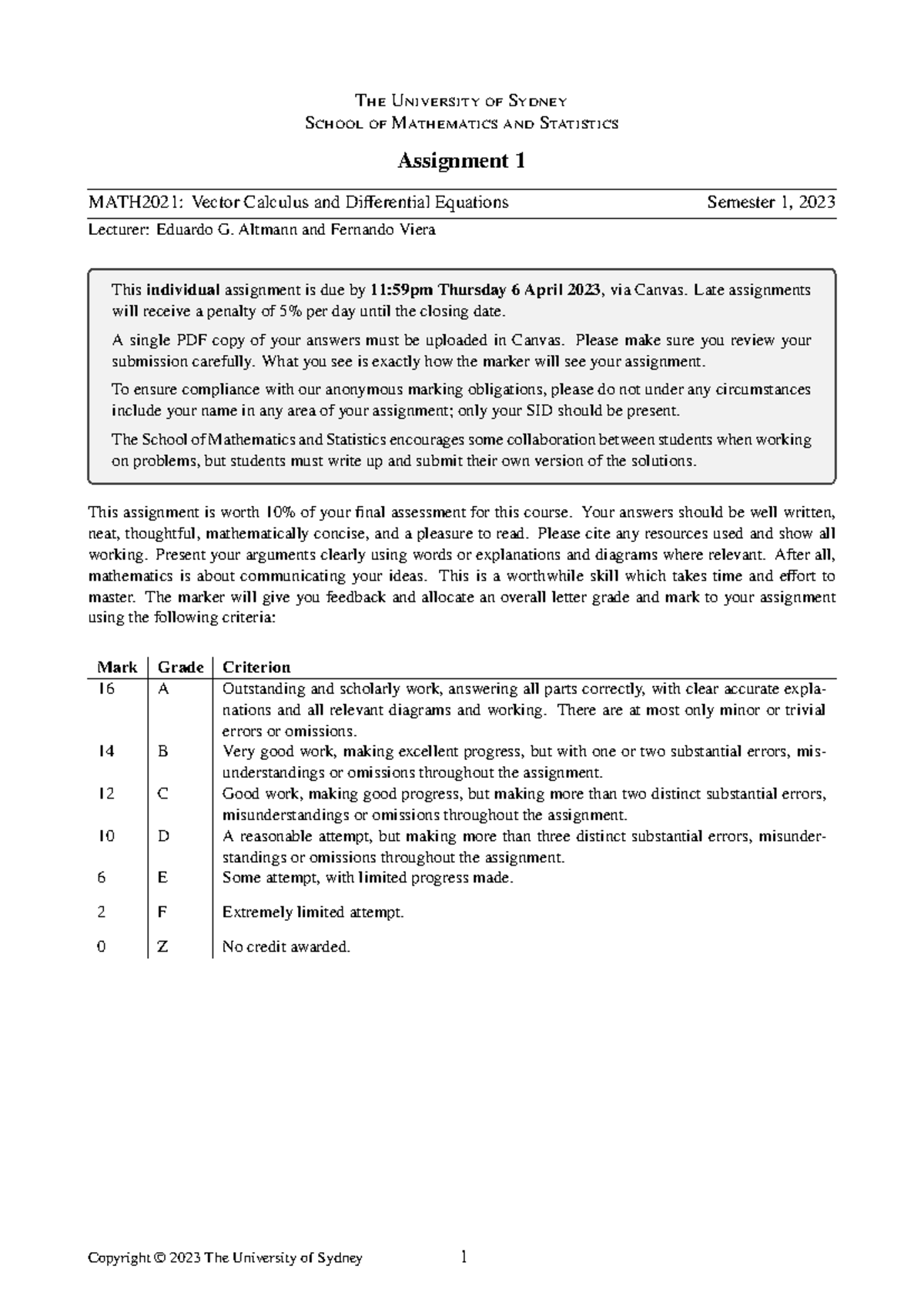 Assignment 1 2023 - The University of Sydney School of Mathematics and Statistics Assignment 1 ...