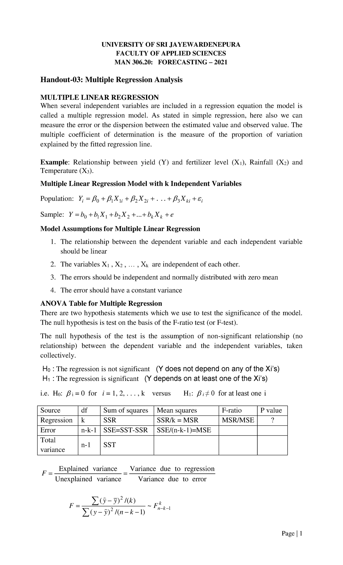 Handout 3 Multiple Linear Regression University Of Sri Jayewardenepura Faculty Of Applied