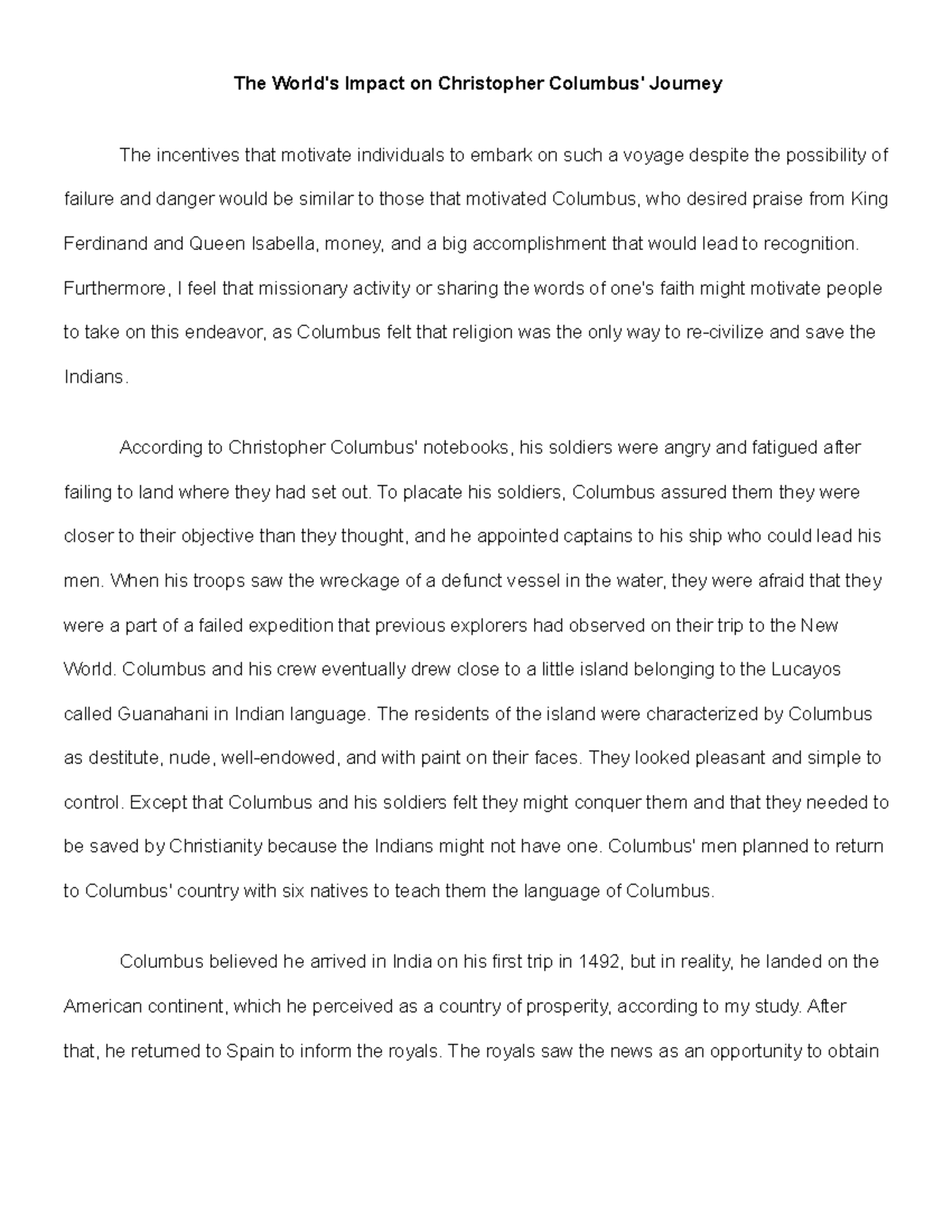 The World's Impact on Christopher Columbus' Journey Essay - The World's ...