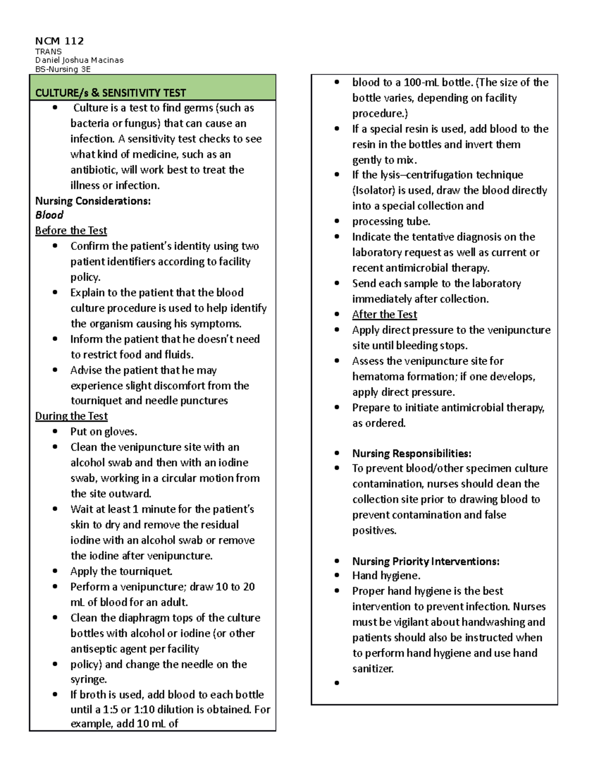 Transes 112 LEC - DIAGNOSTIC PROCEDURES, nursing interventions ...