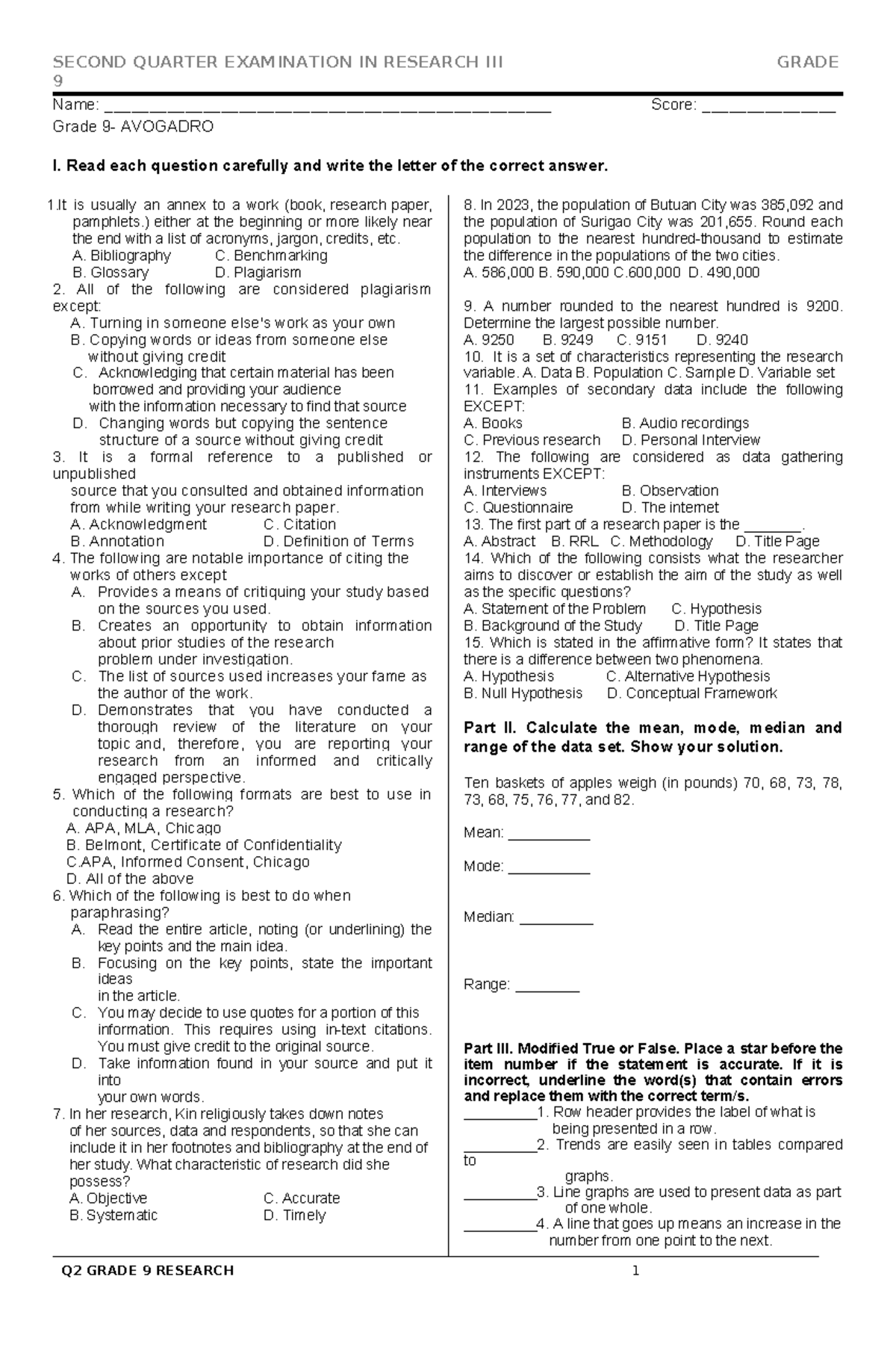 Research 9 Summative Test - 1 SECOND QUARTER EXAMINATION IN RESEARCH ...