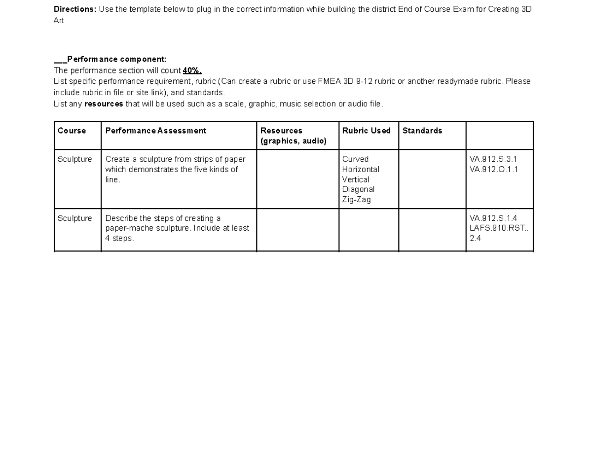 Creating 3D Art EOC TEmplate - Art ___Performance component: The ...