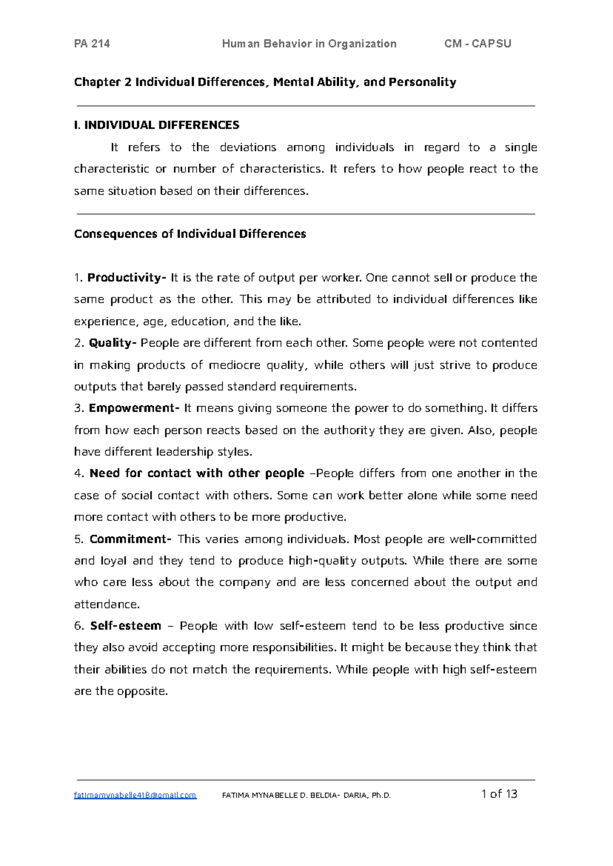Chapter 2 Individual Difference Mental Ability Personality notes ...