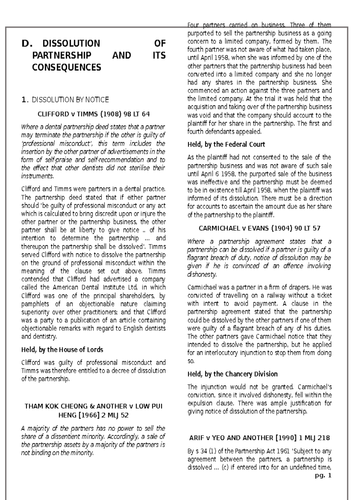 Partnership - PART IV - D. DISSOLUTION PARTNERSHIP CONSEQUENCES AND OF ...