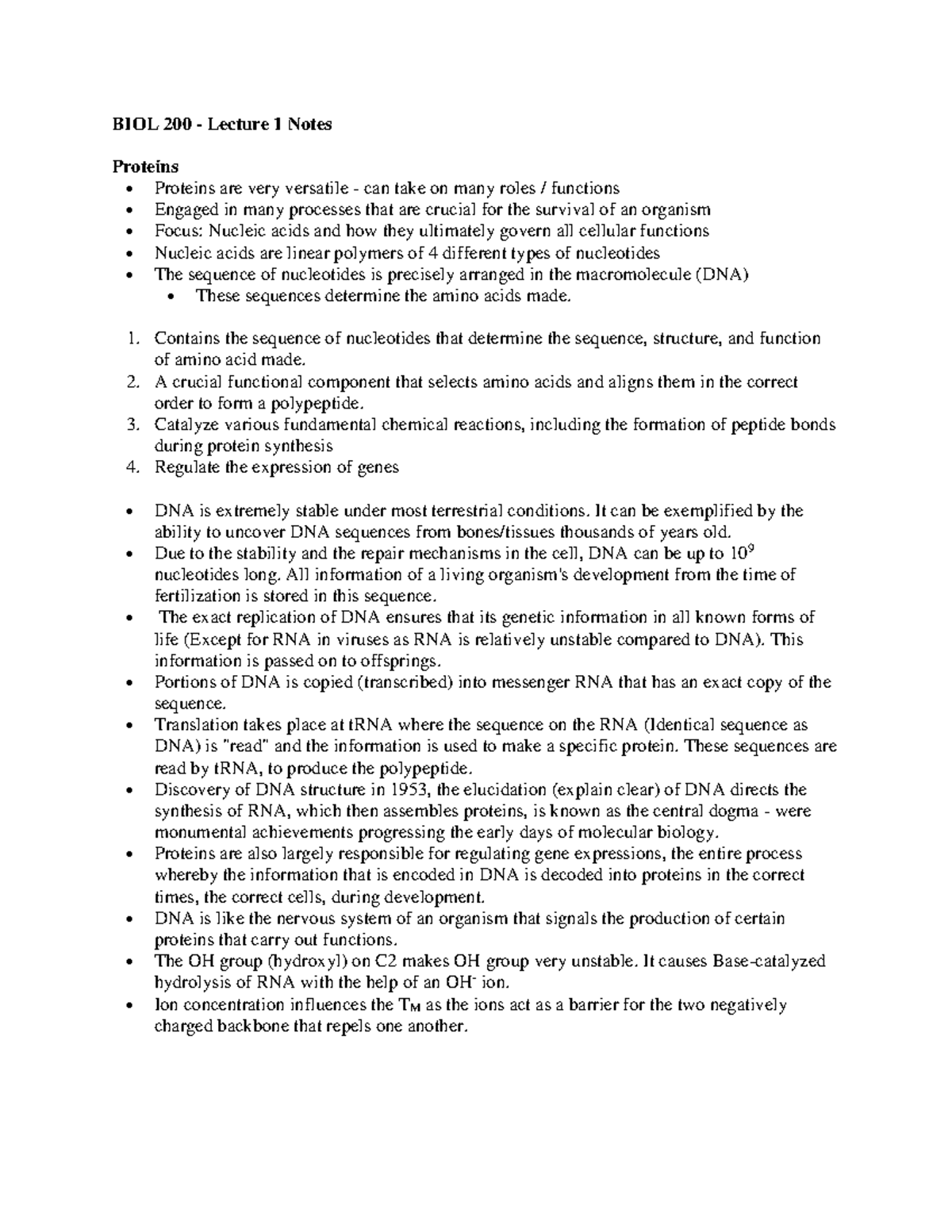 BIOL 200 - Lecture 1 - BIOL 200 - Lecture 1 Notes Proteins • Proteins ...