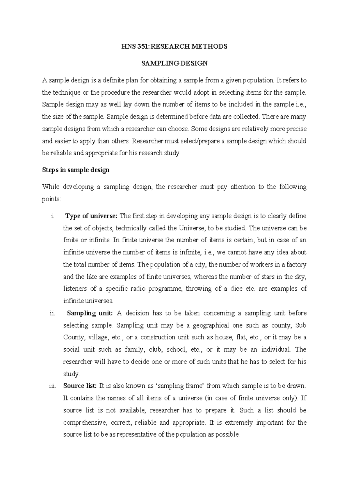 Sampling - HNS 351:RESEARCH METHODS SAMPLING DESIGN A sample design is ...