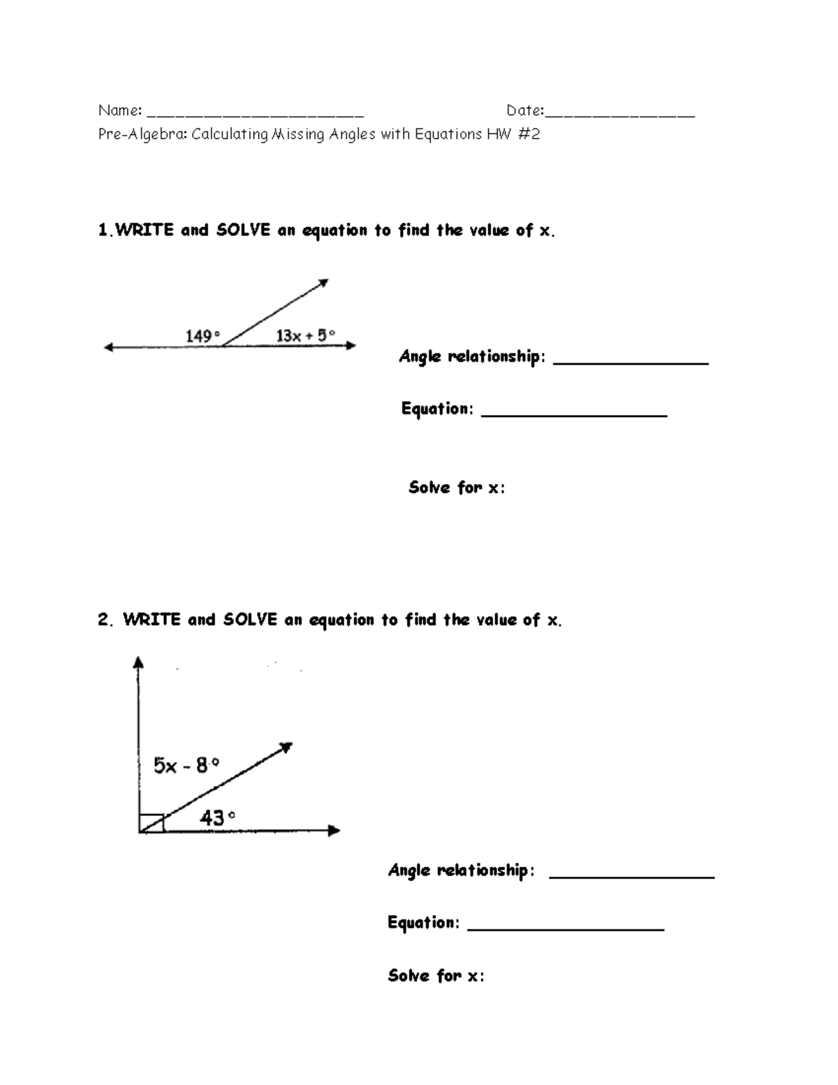 Calculating Missing Angles with Equations HW #2 - SOC 415 - Angle ...