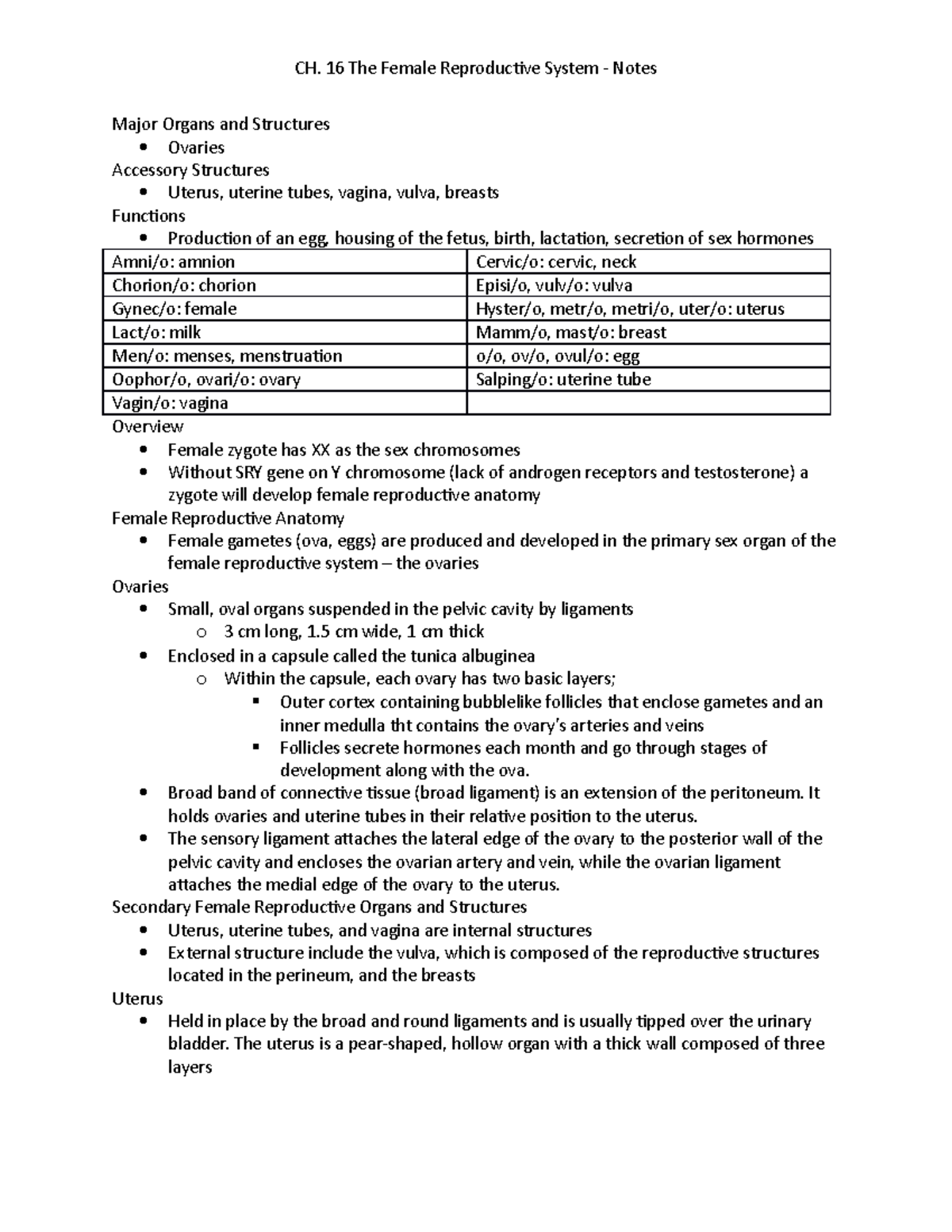 CH 16 Female Reproductive System - Notes - Major Organs and Structures ...