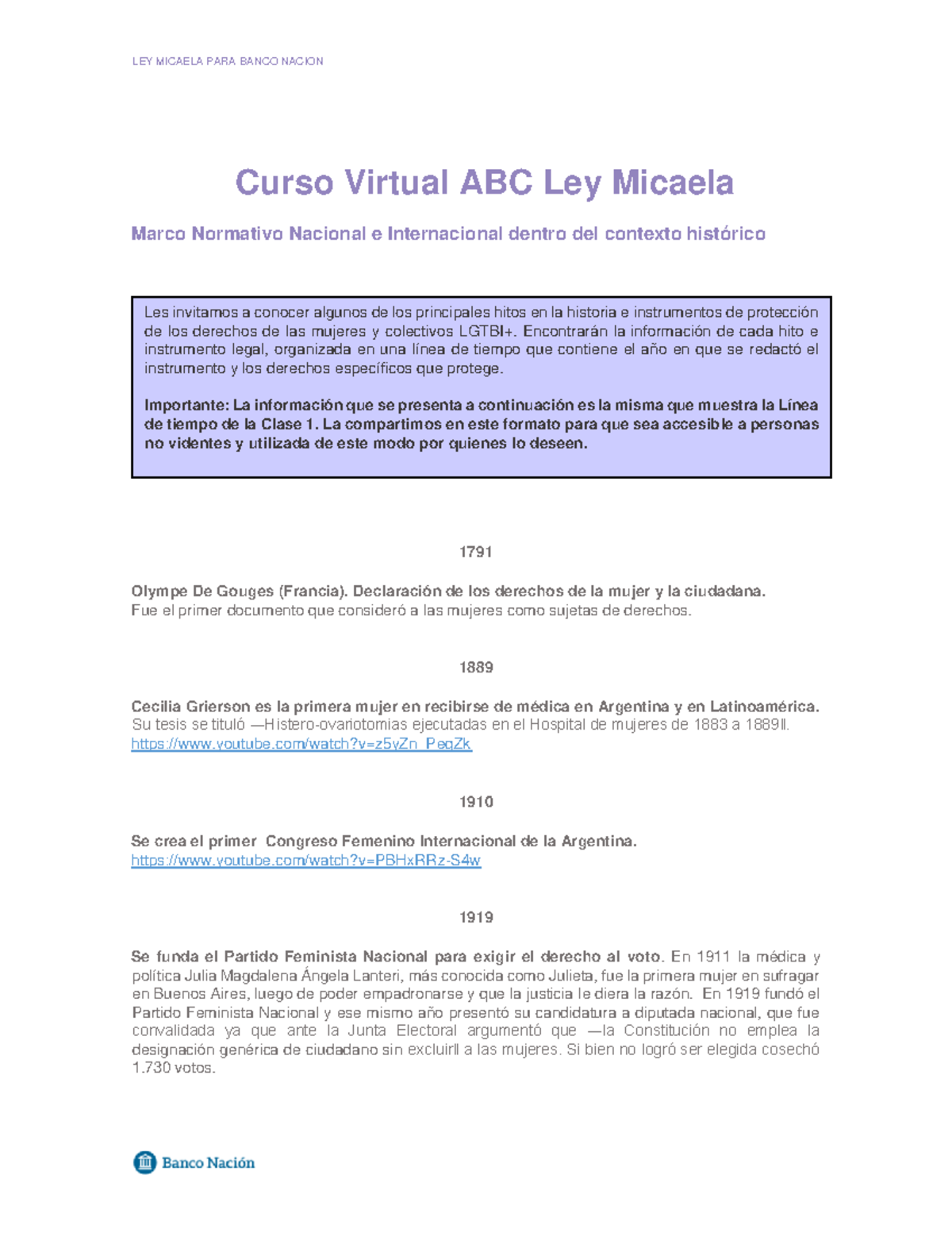 Línea de tiempo - ley micaela - Curso Virtual ABC Ley Micaela Marco Normativo Nacional e - Studocu