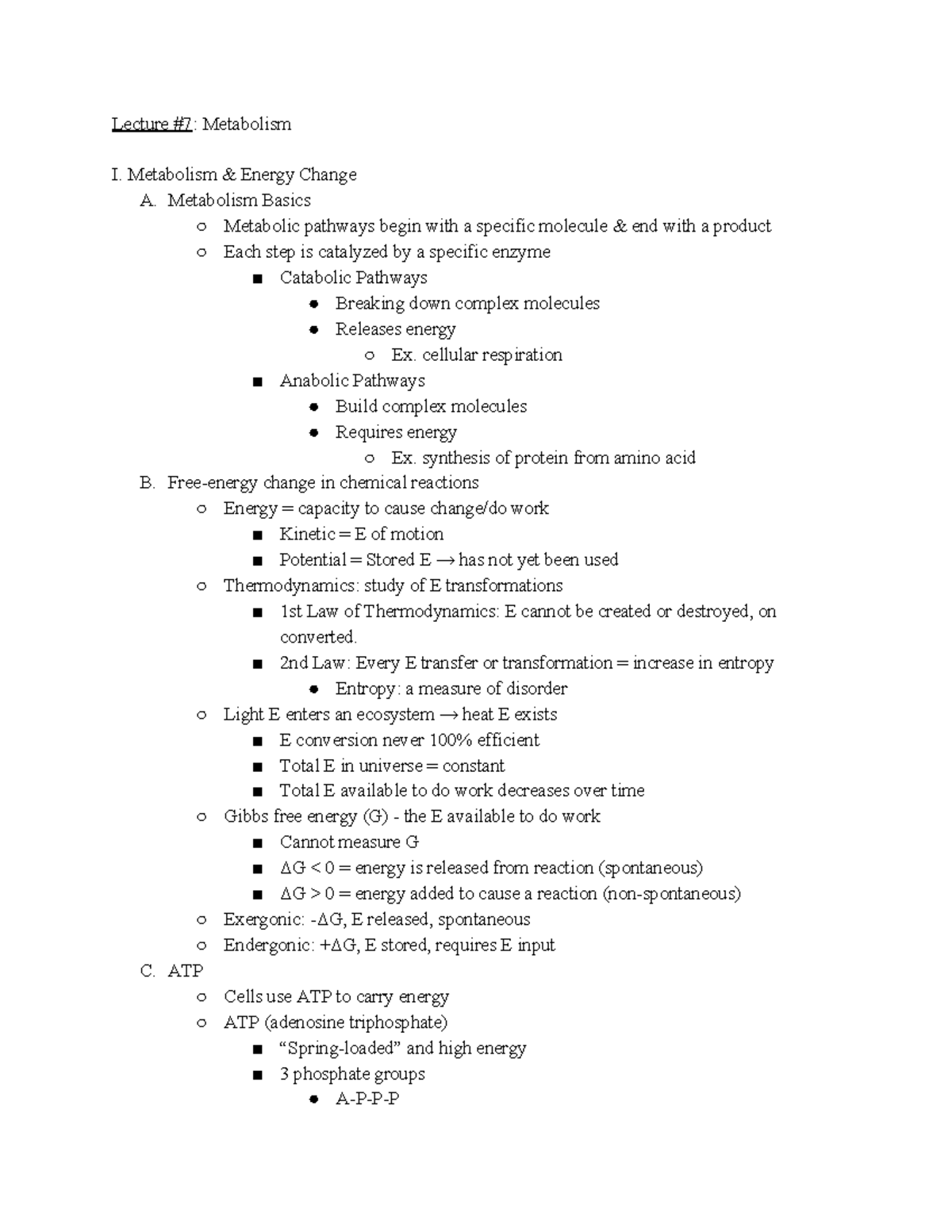 Lecture 7 Notes - Lecture #7 : Metabolism I. Metabolism & Energy Change ...
