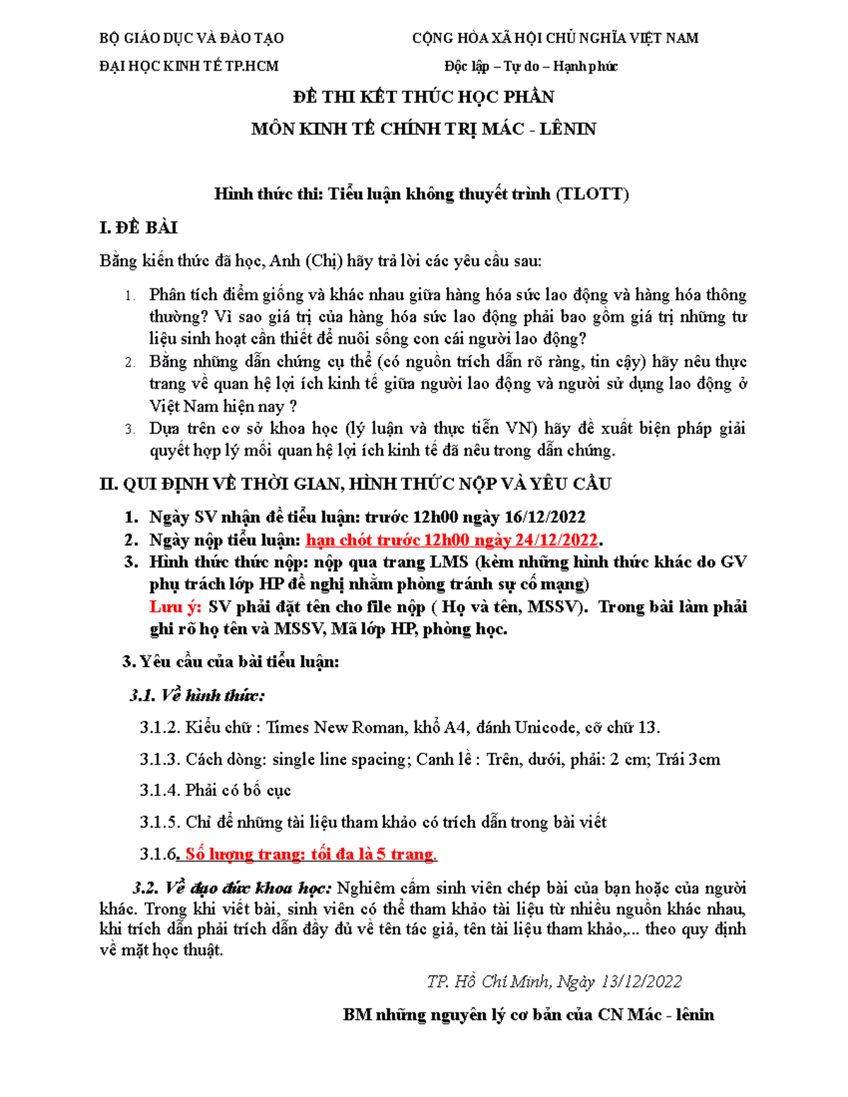 ĐỀ TIỂU LUẬN KTHP KTCT - BỘ GIÁO DỤC VÀ ĐÀO TẠO CỘNG HÒA XÃ HỘI CHỦ NGHĨA VIỆT NAM ĐẠI HỌC KINH ...