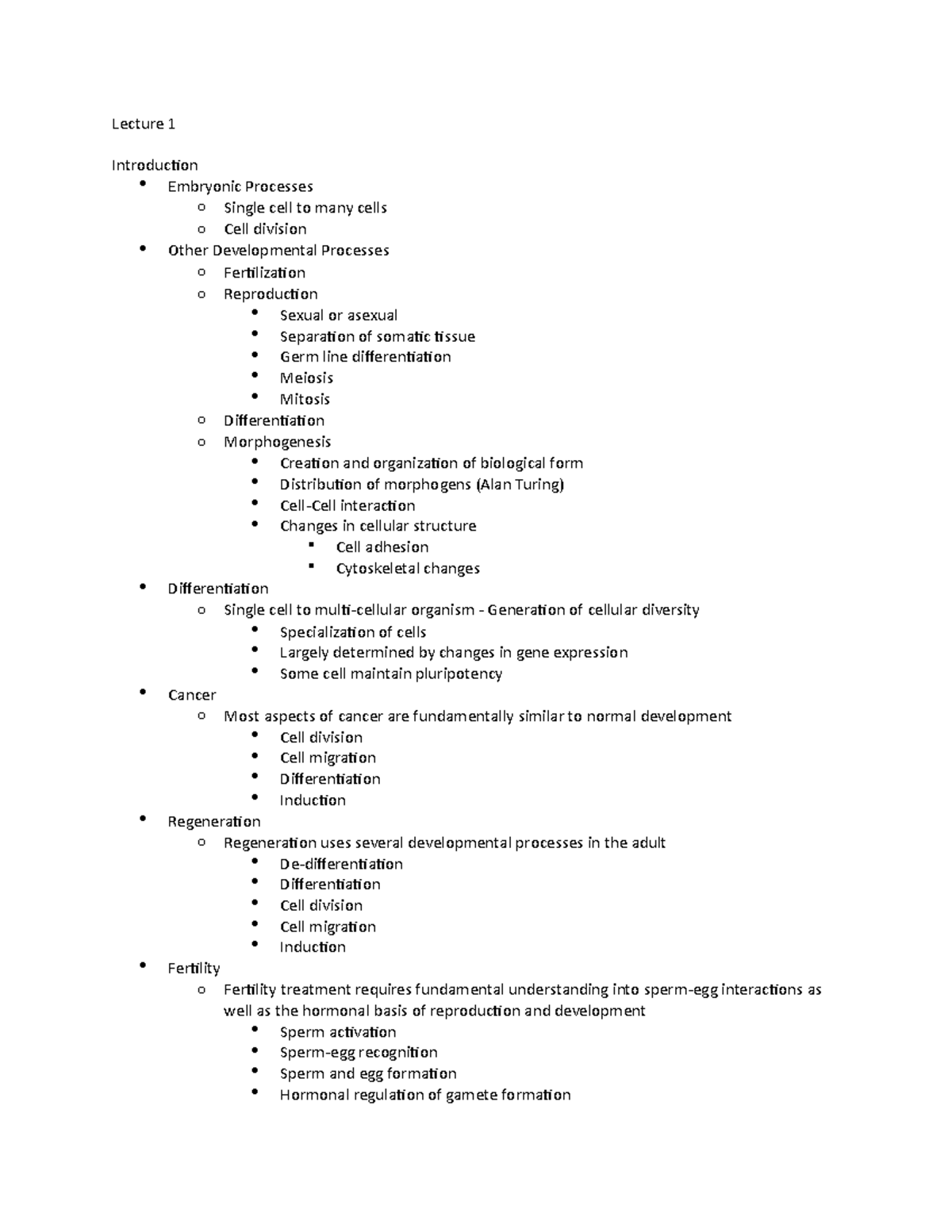 Developmental Biology Lecture Notes from Lecture 1 and 2 - Lecture 1 ...