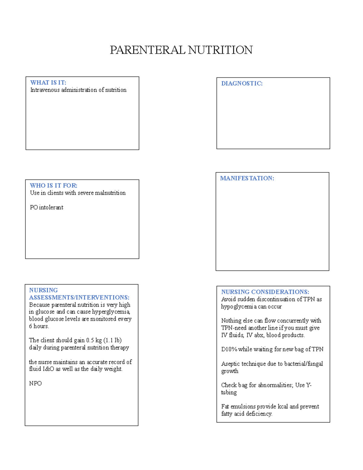 Parenteral Nutrition - NOTES - PARENTERAL NUTRITION WHO IS IT FOR: Use ...