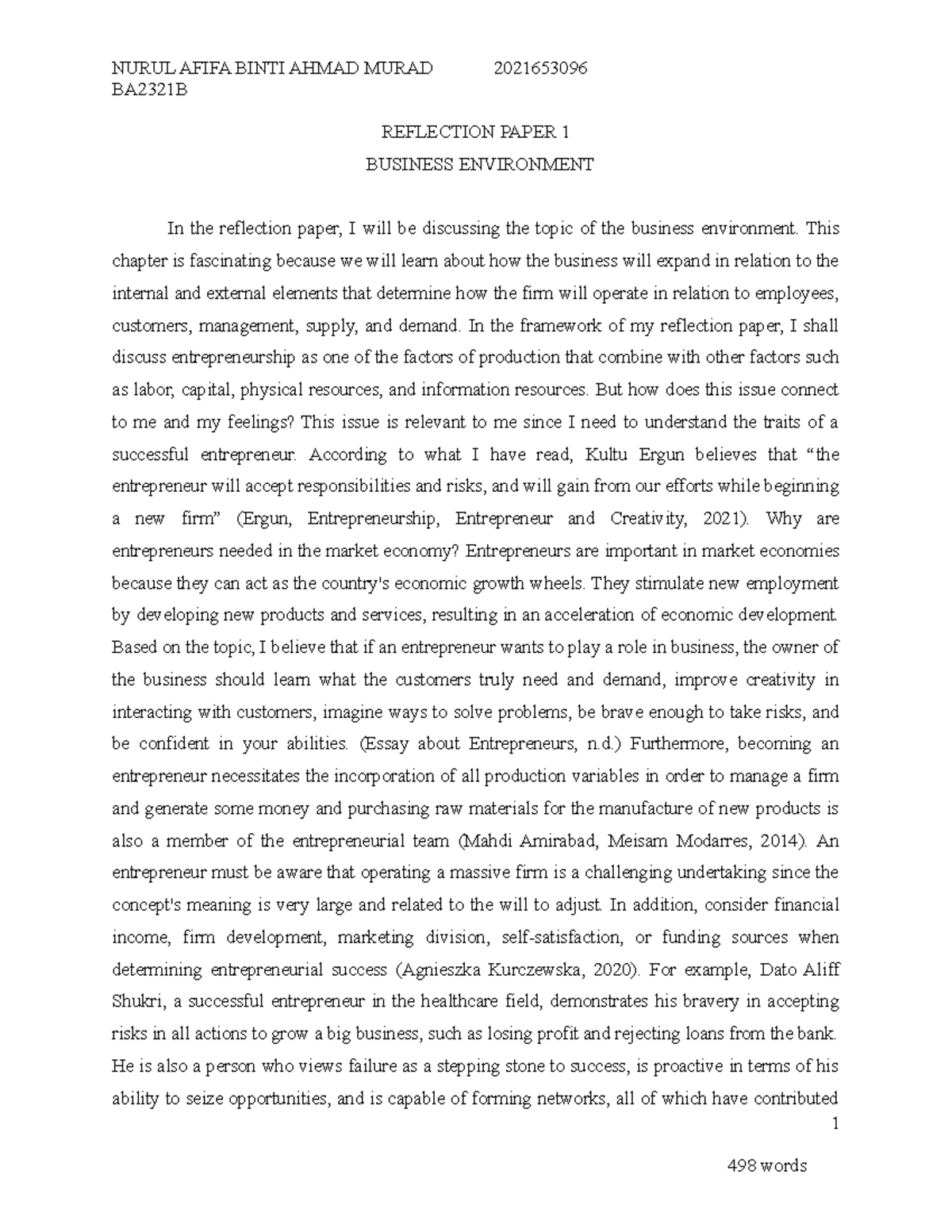 Reflection Paper 1 fundamental business - NURUL AFIFA BINTI AHMAD MURAD ...