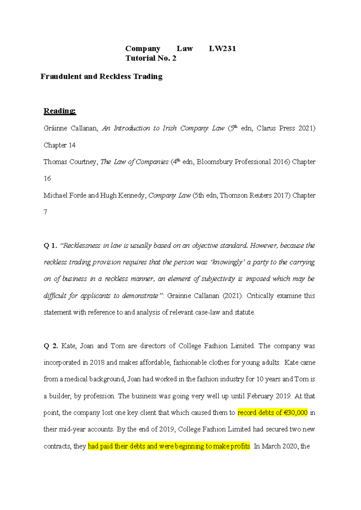 Tutorial 2 - Fraudulent and Reckless Trading - Company Law LW Tutorial ...