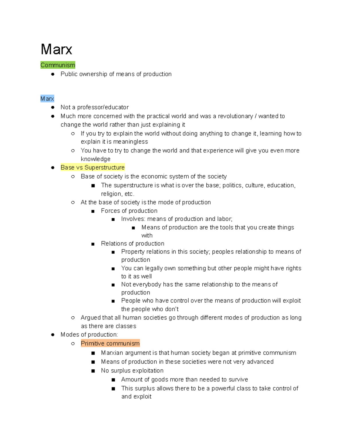 Marx - Notes on Marx - Marx Communism Public ownership of means of ...