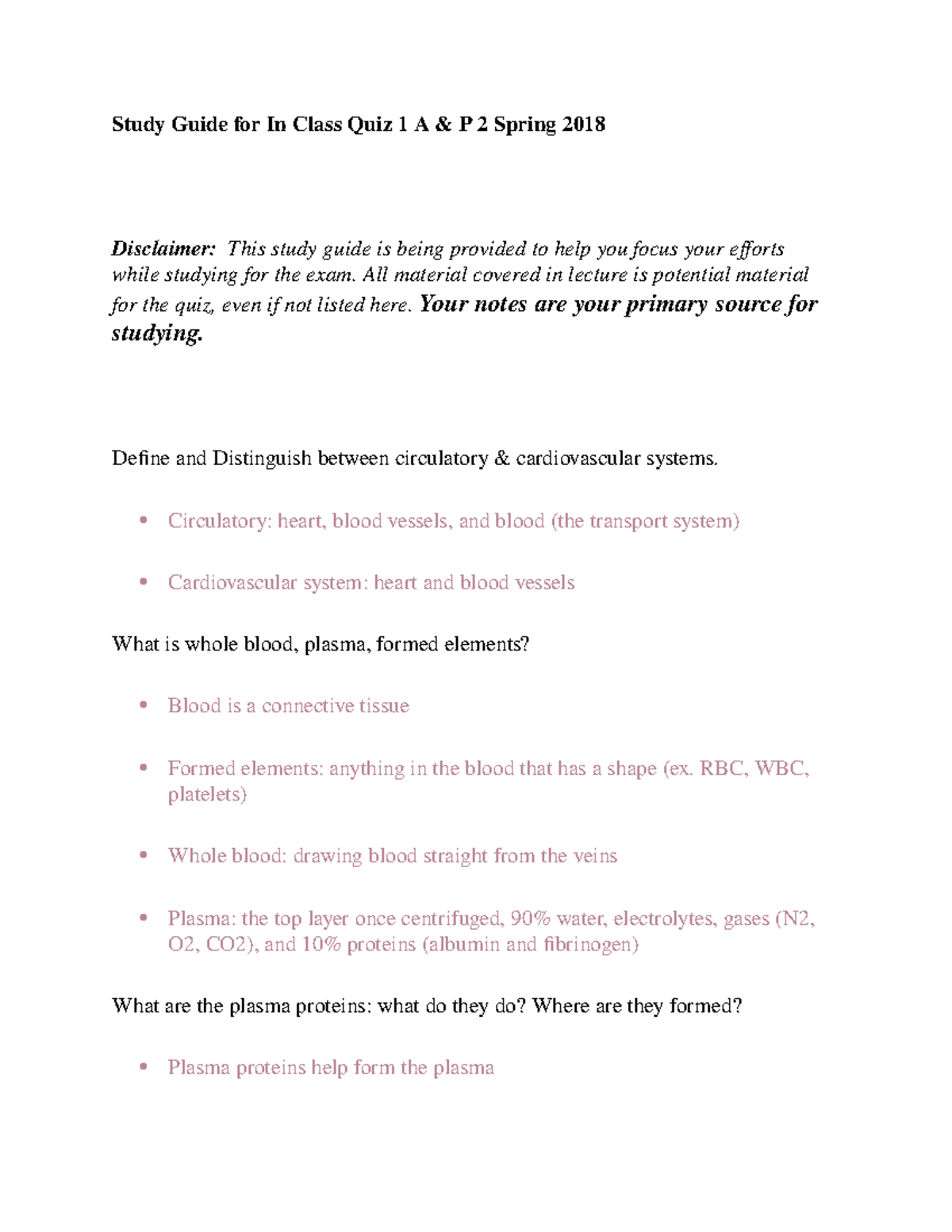 2:6:18 Quiz 1 Study Guide - Study Guide for In Class Quiz 1 A & P 2 ...