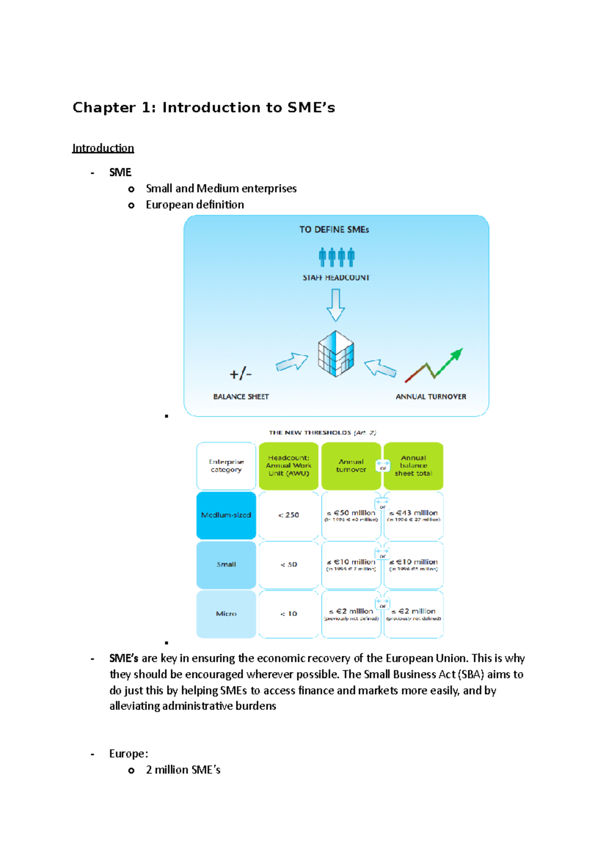 notitie in de les - Chapter 1: Introduction to SME’s Introduction SME o ...
