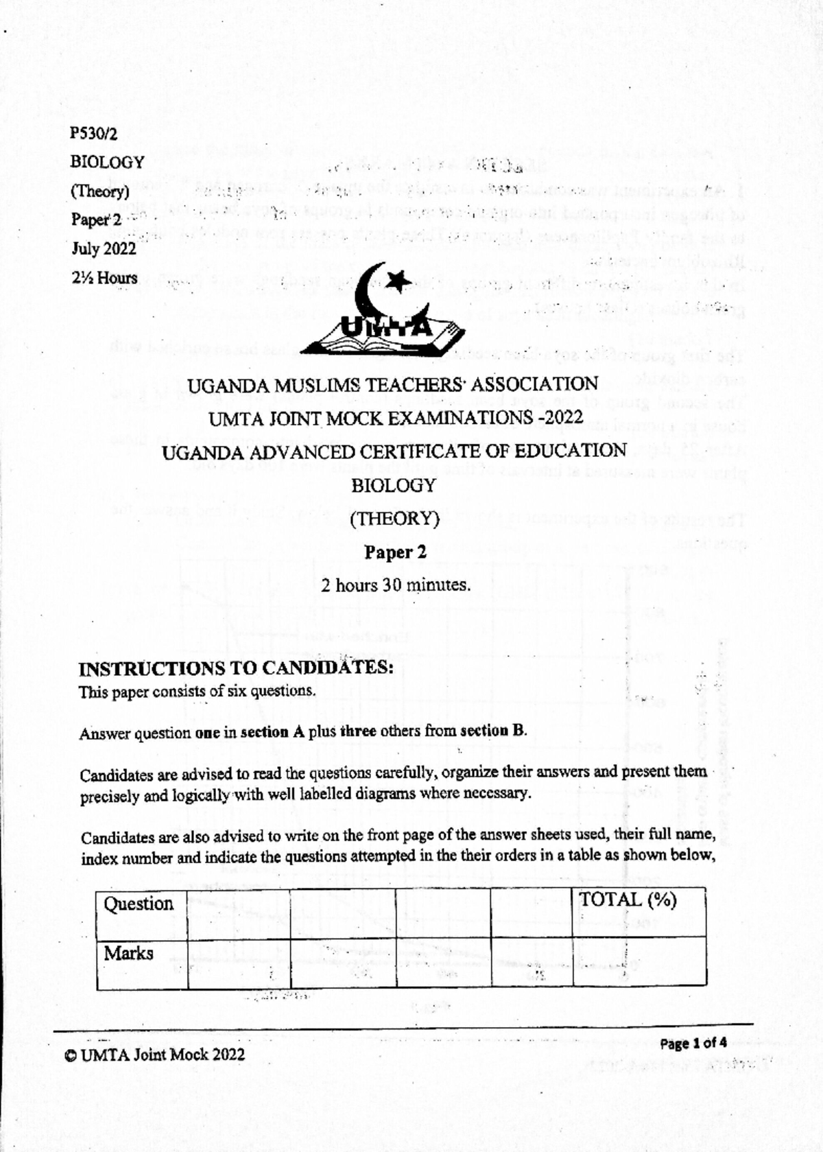 UMTA UACE BIO P2 2022 @ BK Joshua - BIOLOGY (Theory) Paper 2 July 2022 2 Hours UMTA UGANDA ...