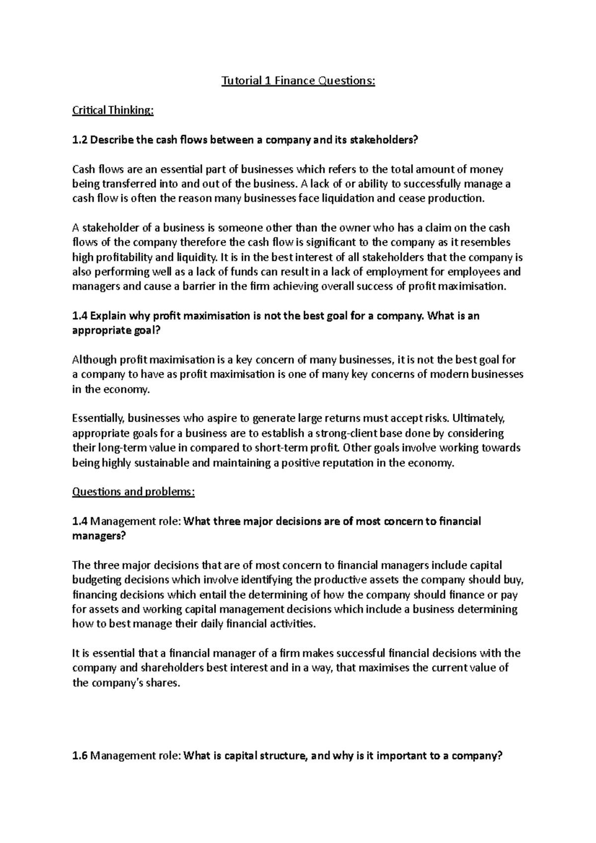 Finance Tutorial 1 Questions - Tutorial 1 Finance Questions: Critical ...