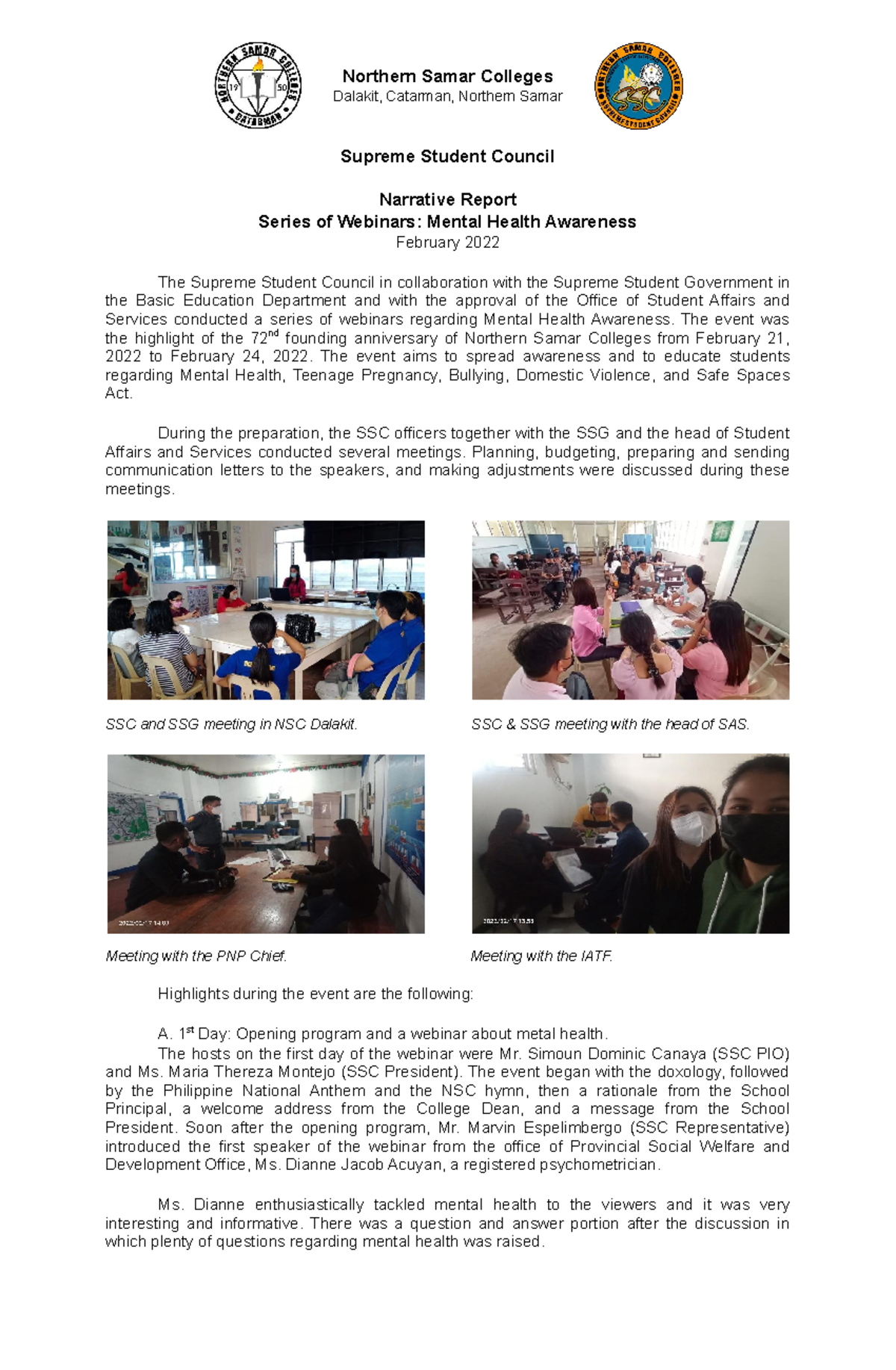 Narrative Report (Mental Health - Dalakit, Catarman, Northern Samar ...
