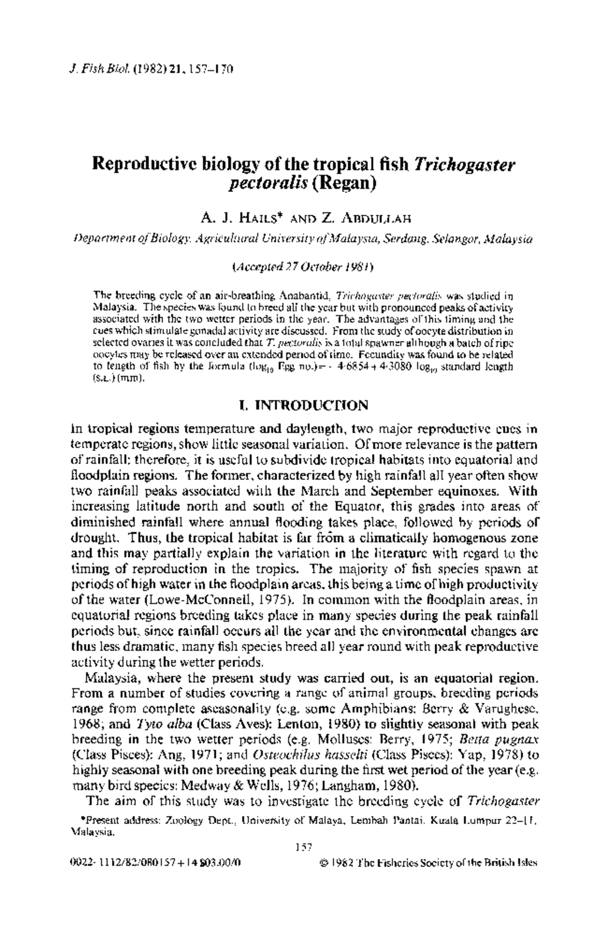 Reproductive biology of the tropical fis - ####### J zyxwvutsrBiol ...