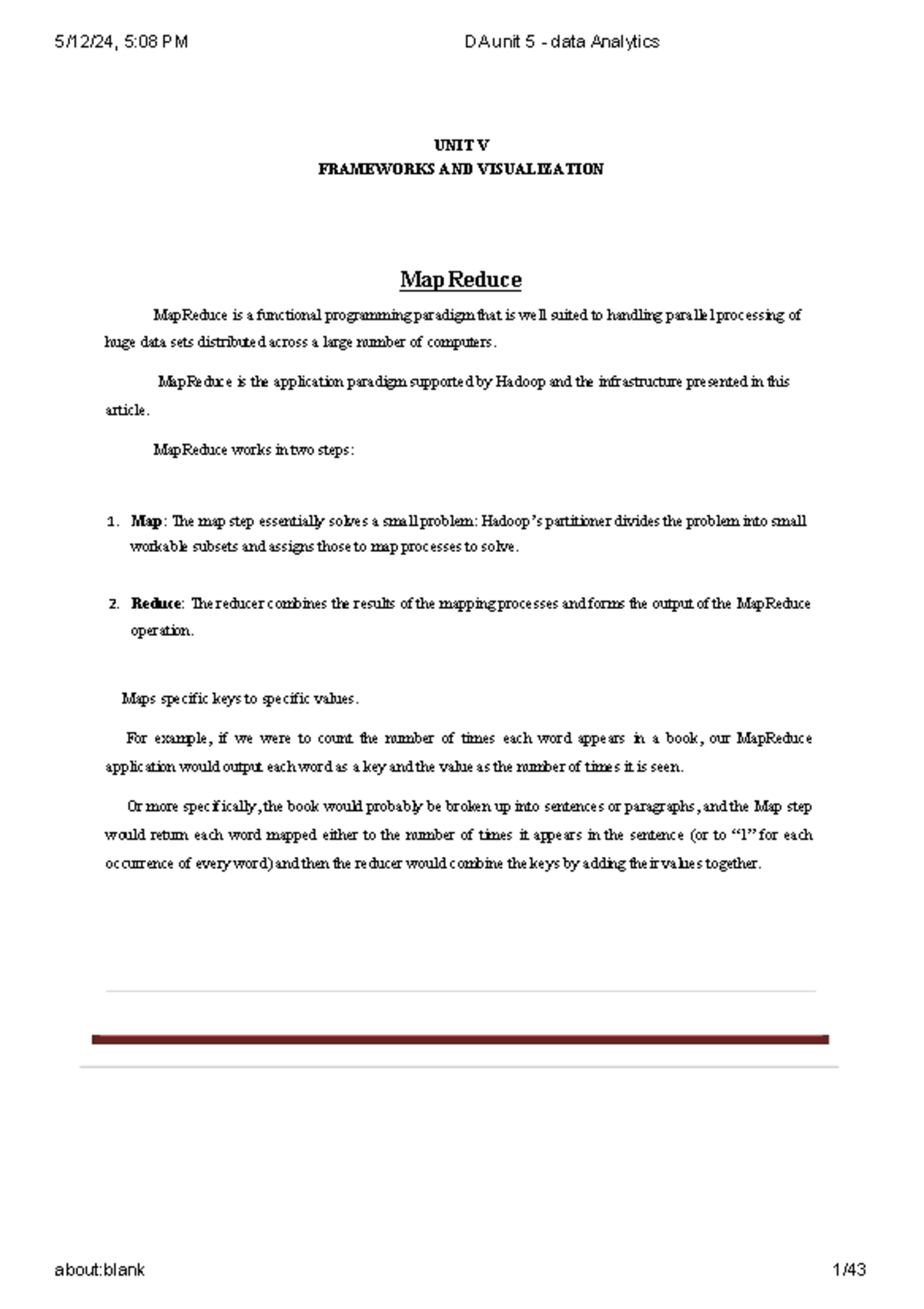 Unit 5 Notes Data Analytics Kit 601 Unit V Frameworks And Visualization Mapreduce Mapreduce