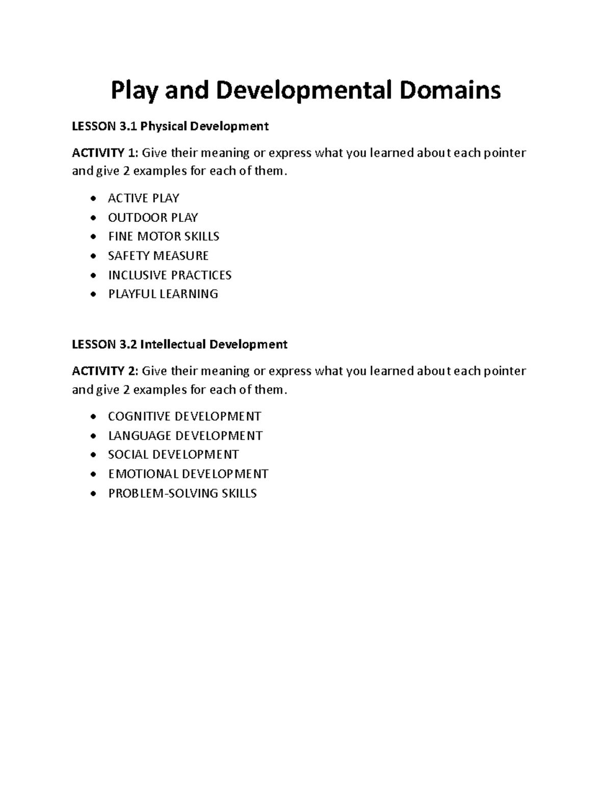 Play-and-Developmental-Domains- Activity - Play and Developmental ...