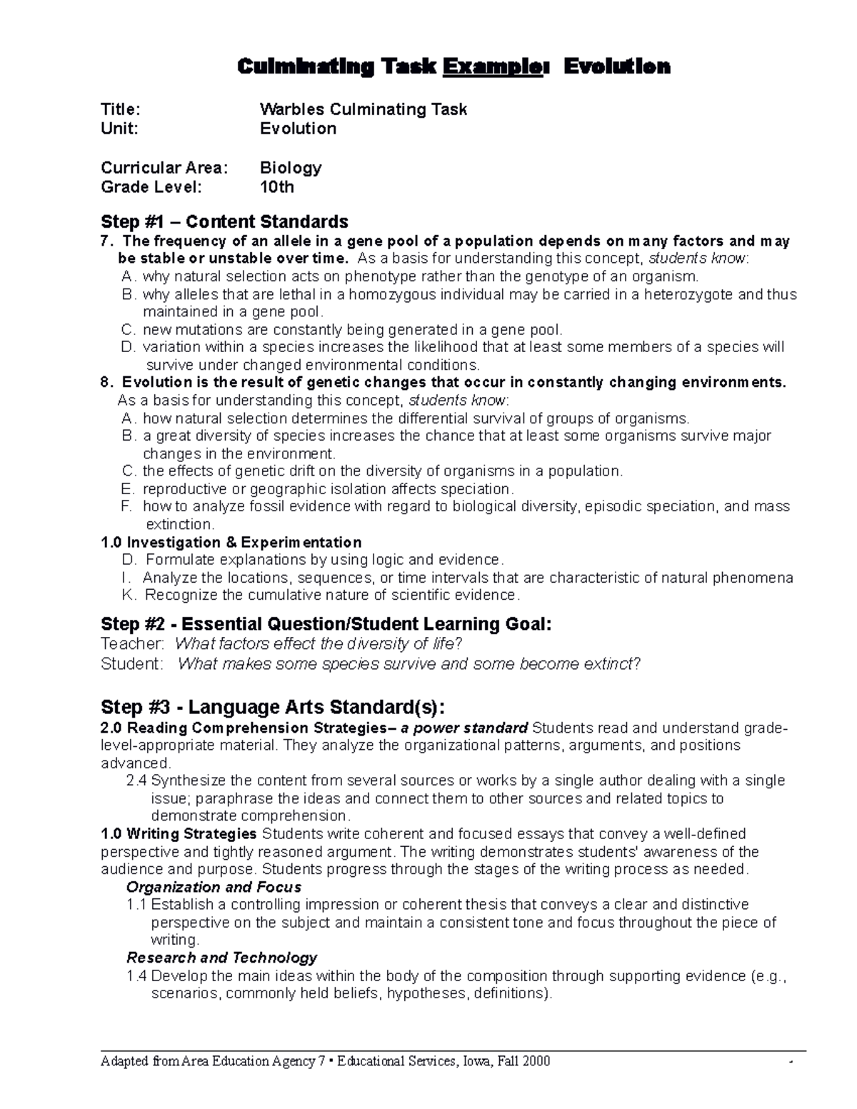 Culmin task example - Culminating Task Example: Evolution Title ...