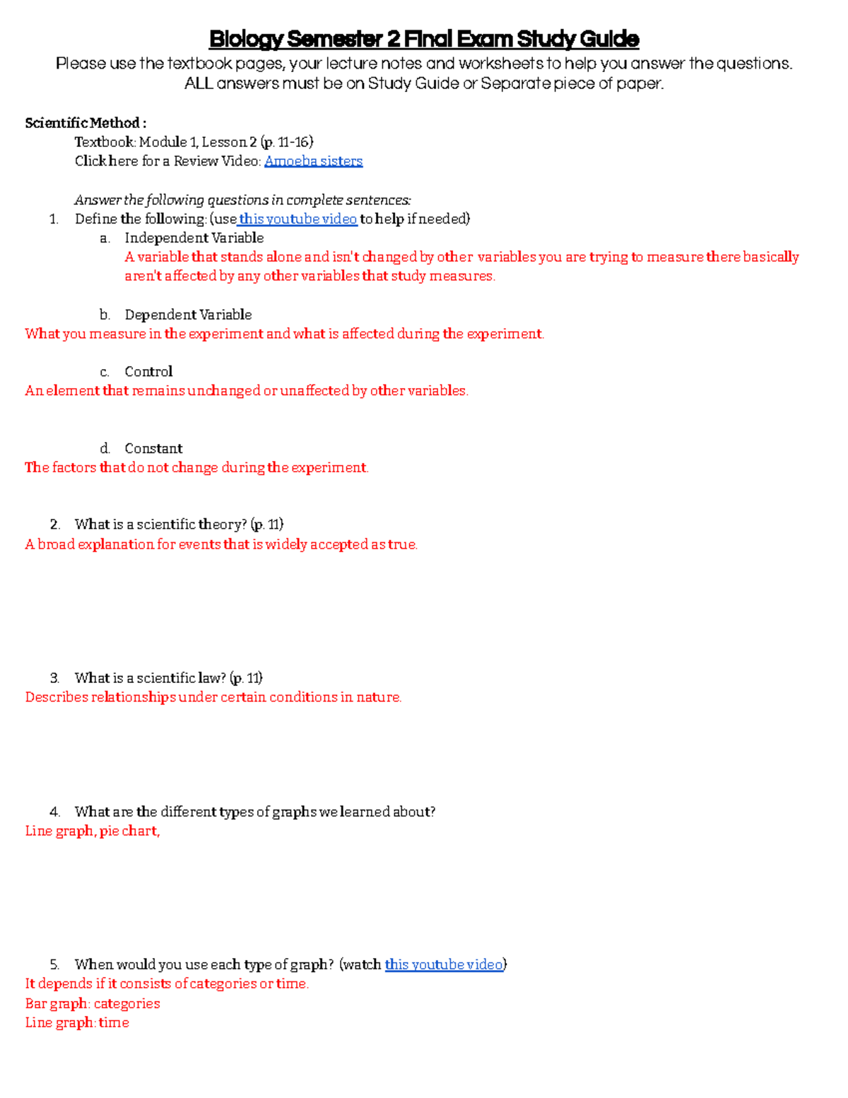 Copy of Part 1 Bio Semester 2 Final Exam Study Guide - Biology Semester ...