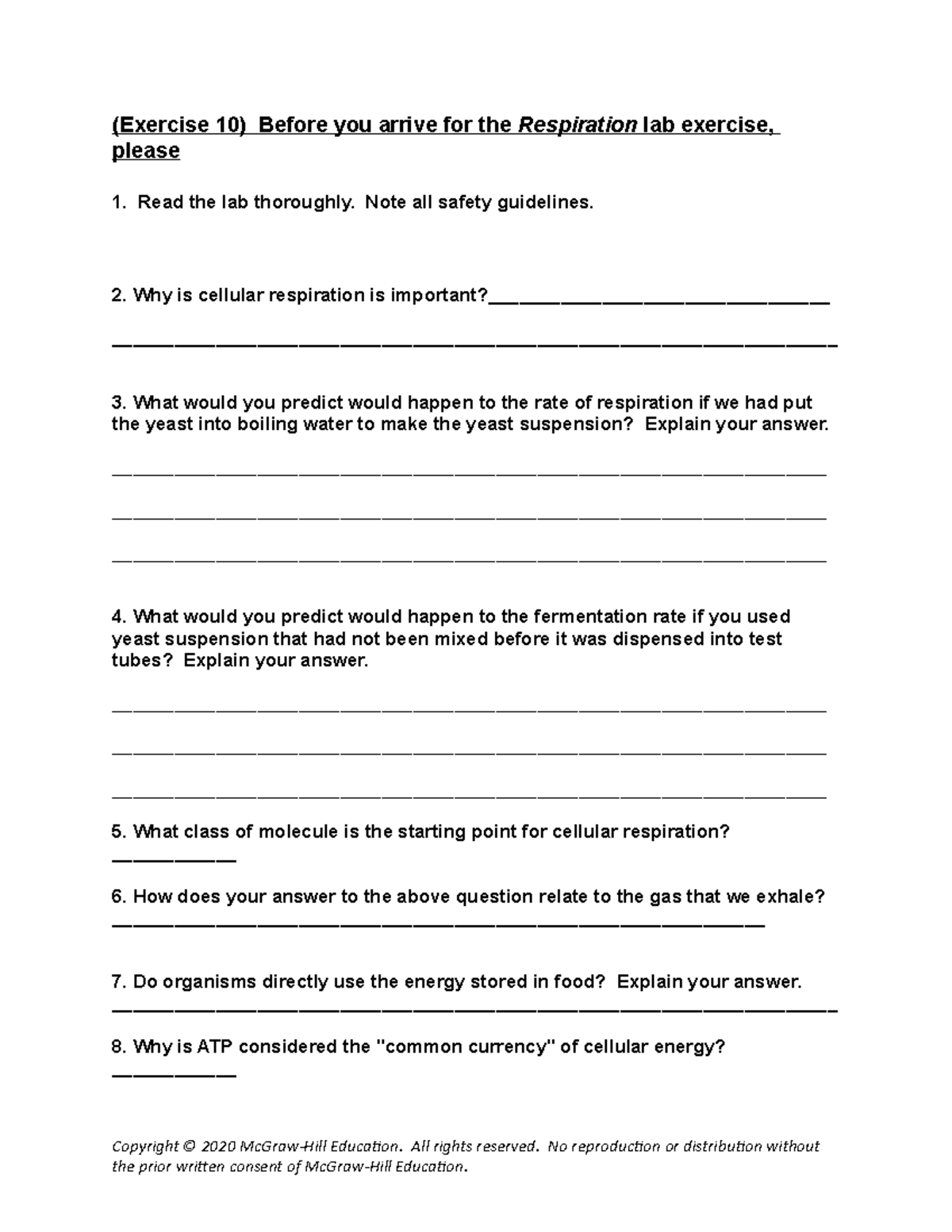 Respiration Lab Report - (Exercise 10) Before you arrive for the ...