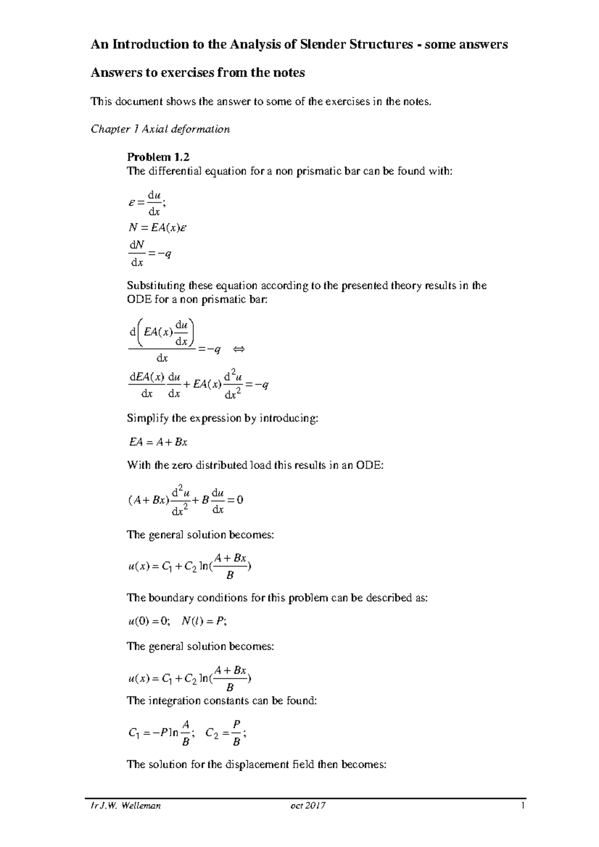An introduction to the Analysis of Slender Structures - Answers to ...