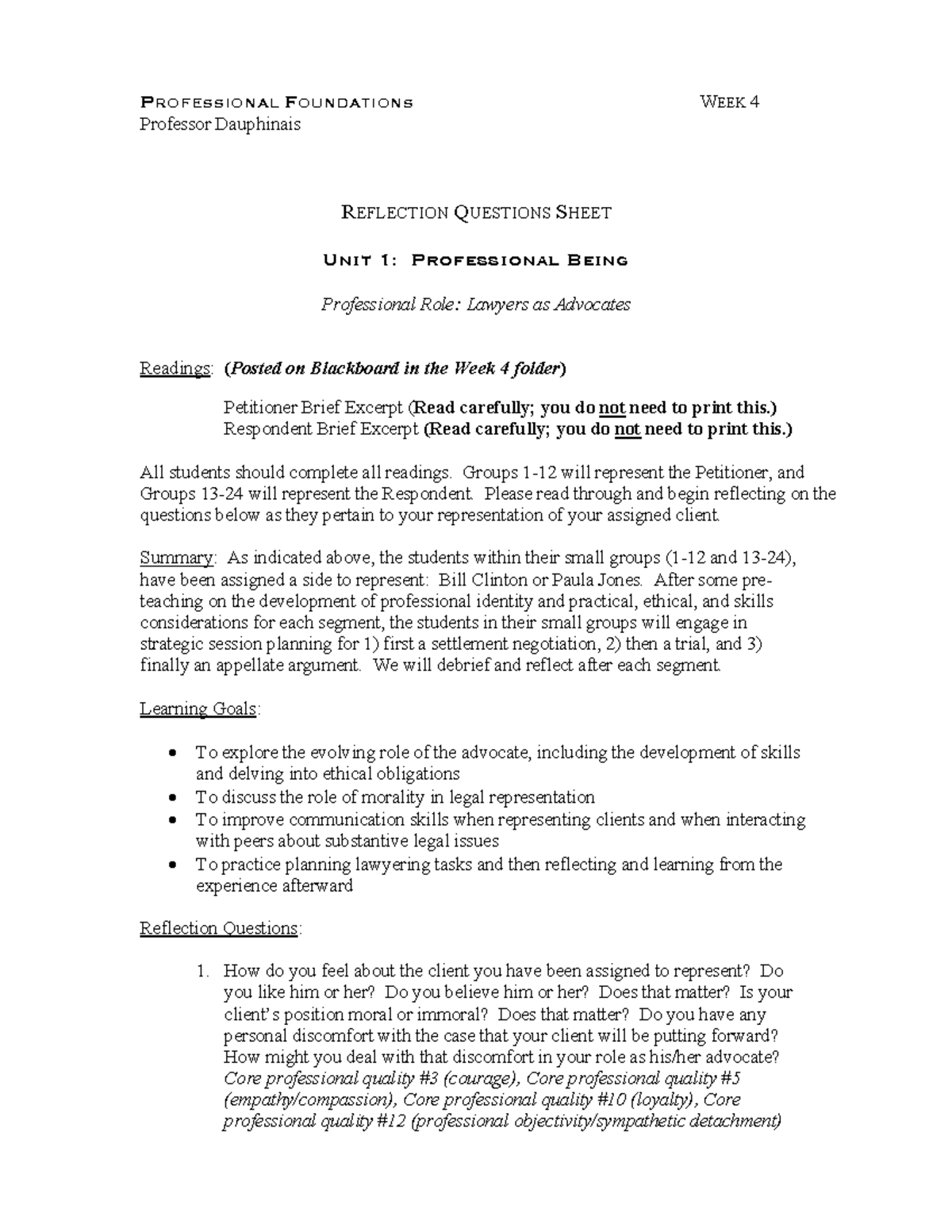 Week 4 Professional Foundations Reflection Questions - P ROFESSIONAL F ...