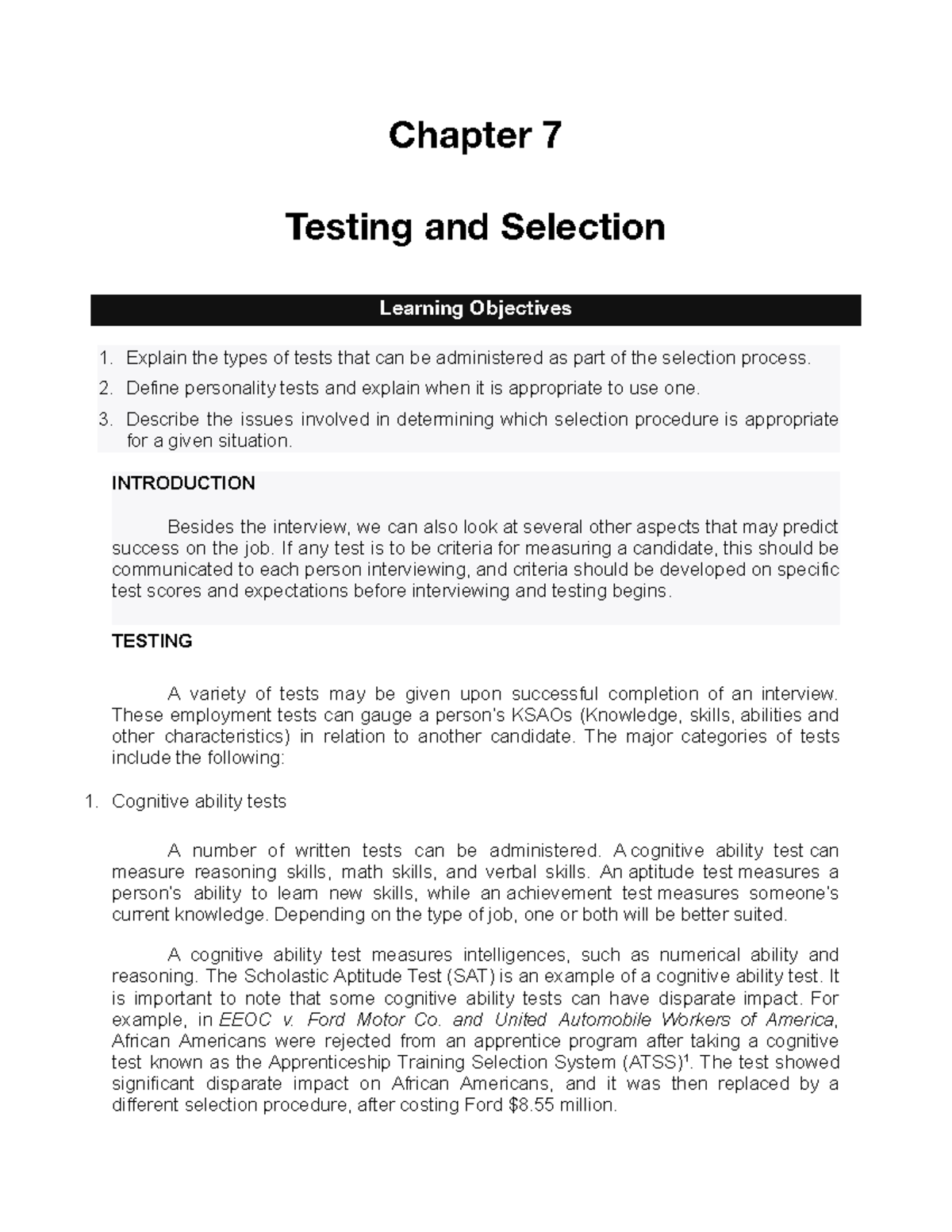 Testing and Selection - Human Resource Management - Studocu